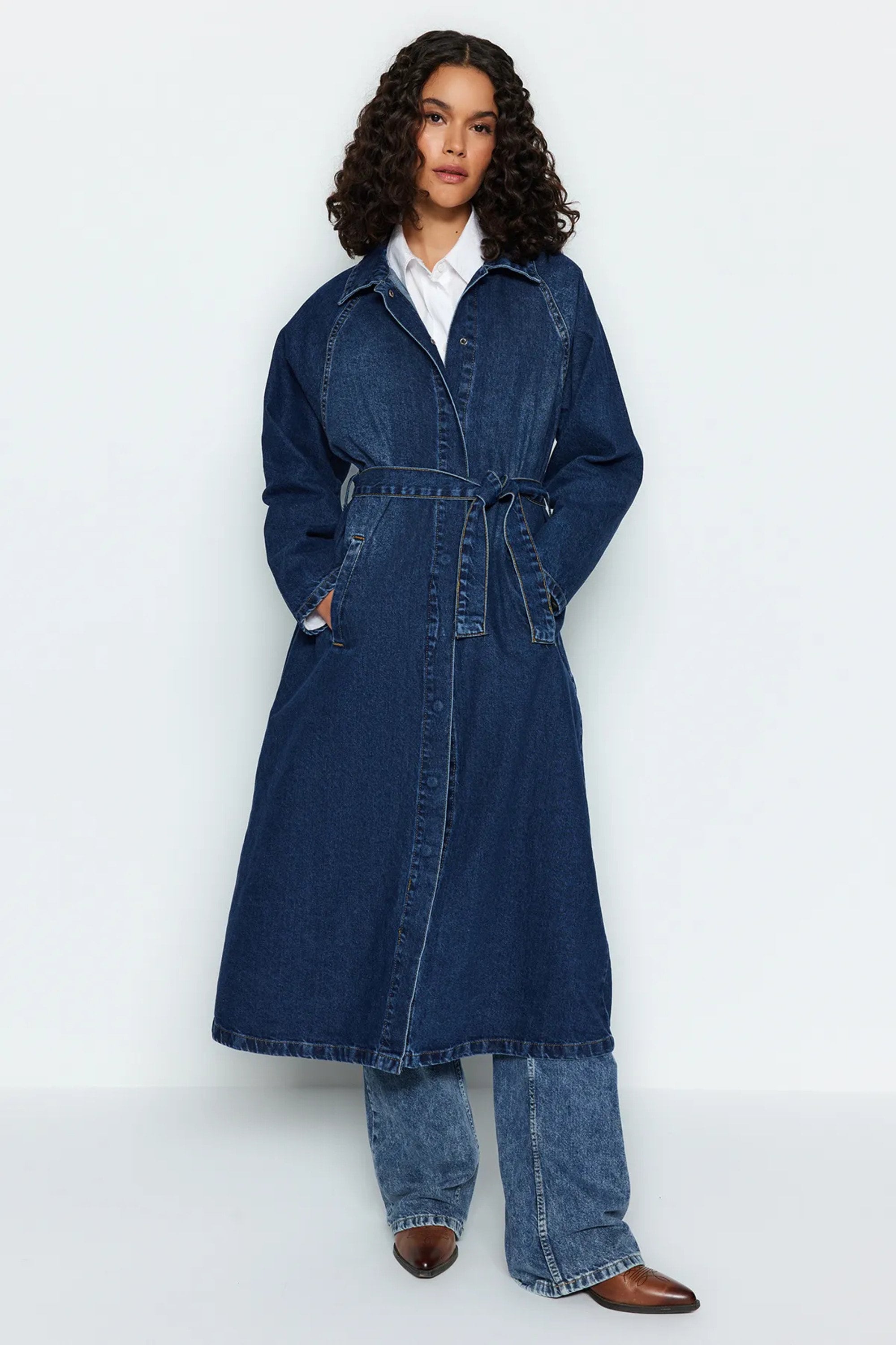 Denim Blue Women Trench Coat, Classy Long Trench Coat, Spring Long ...