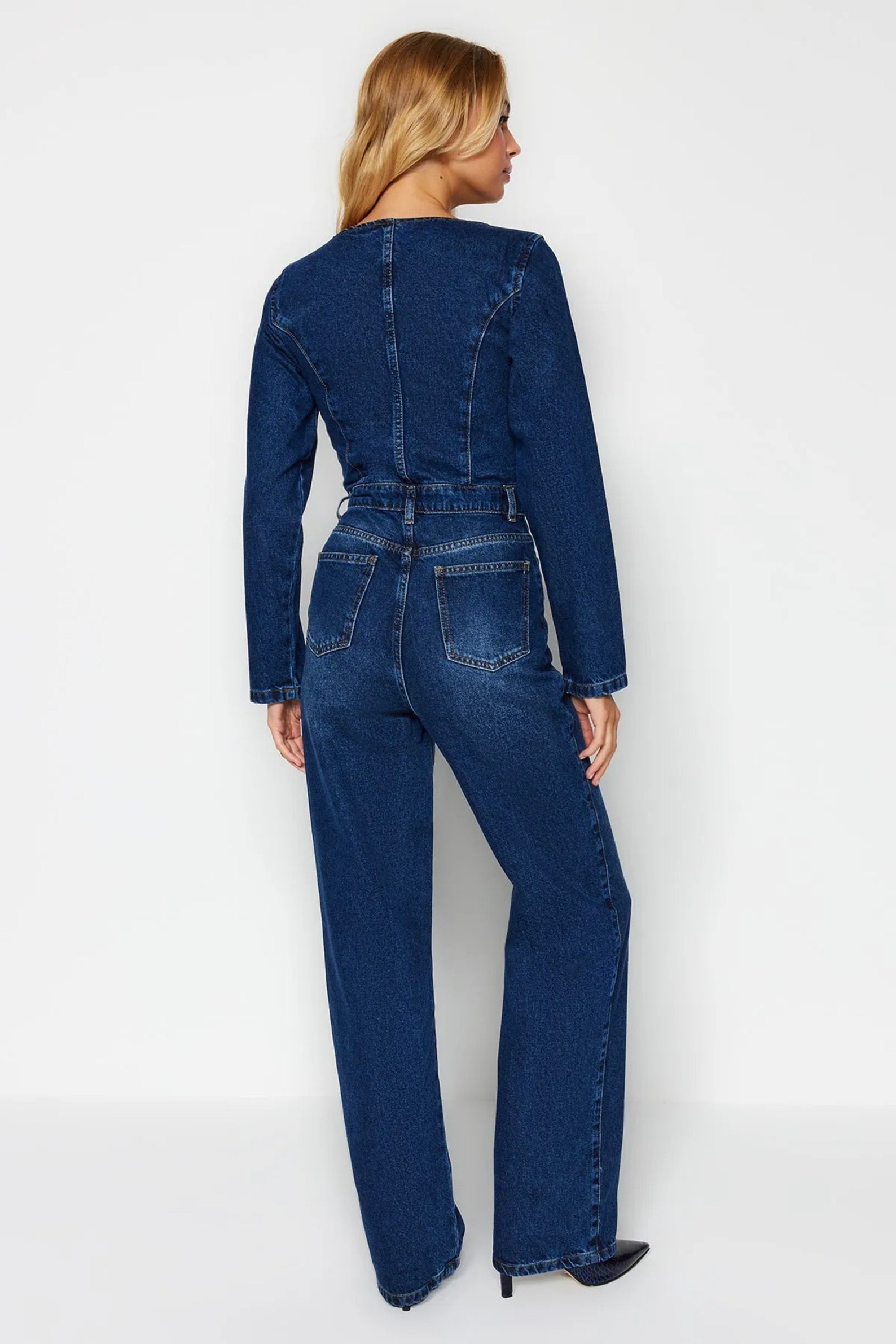 Denim Blue Long Detailed Jean Jumpsuit Full Leg Length Linen Jumpsuit ...