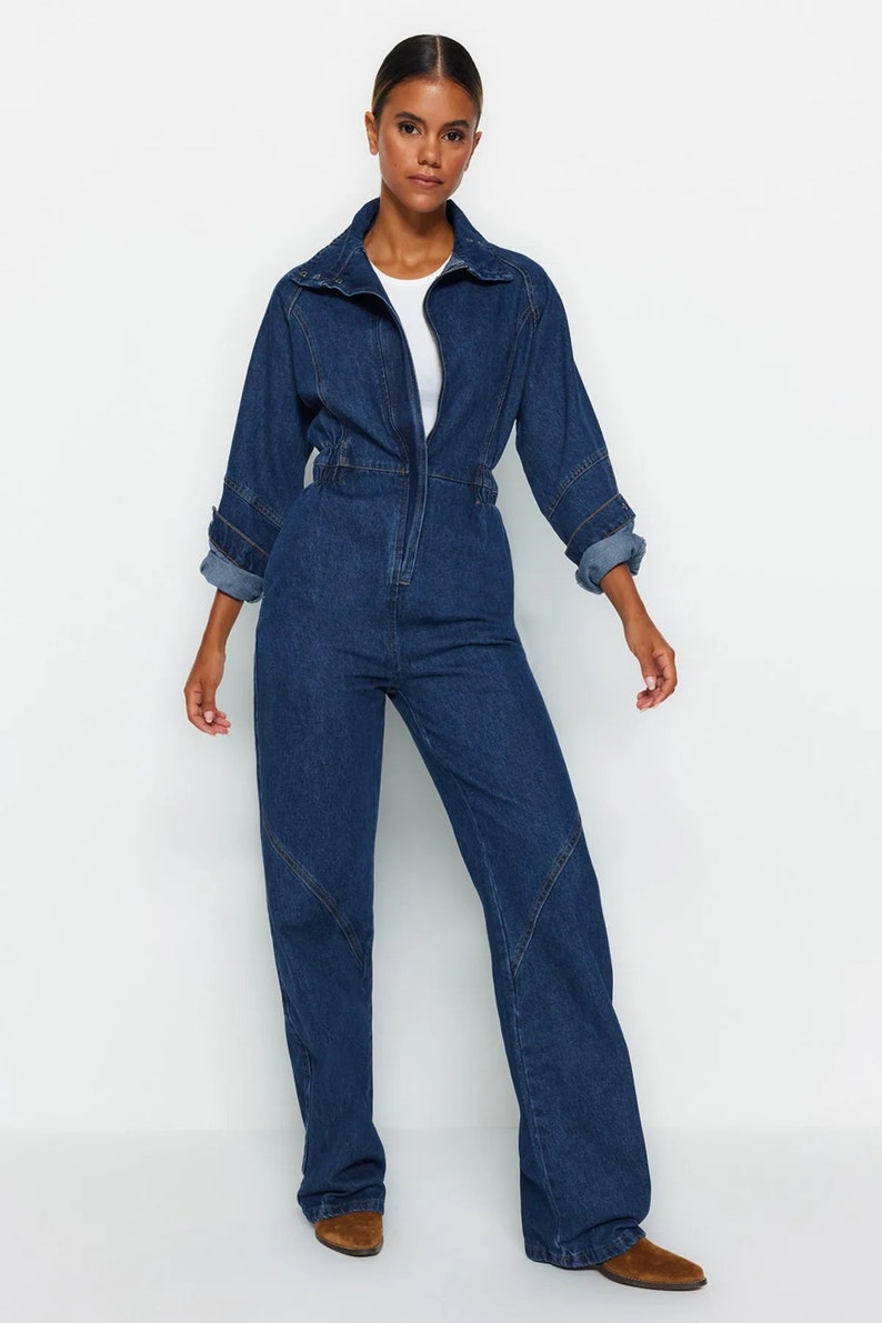 Denim Blue Long Detailed Jean Jumpsuit Full Leg Length Linen Jumpsuit ...