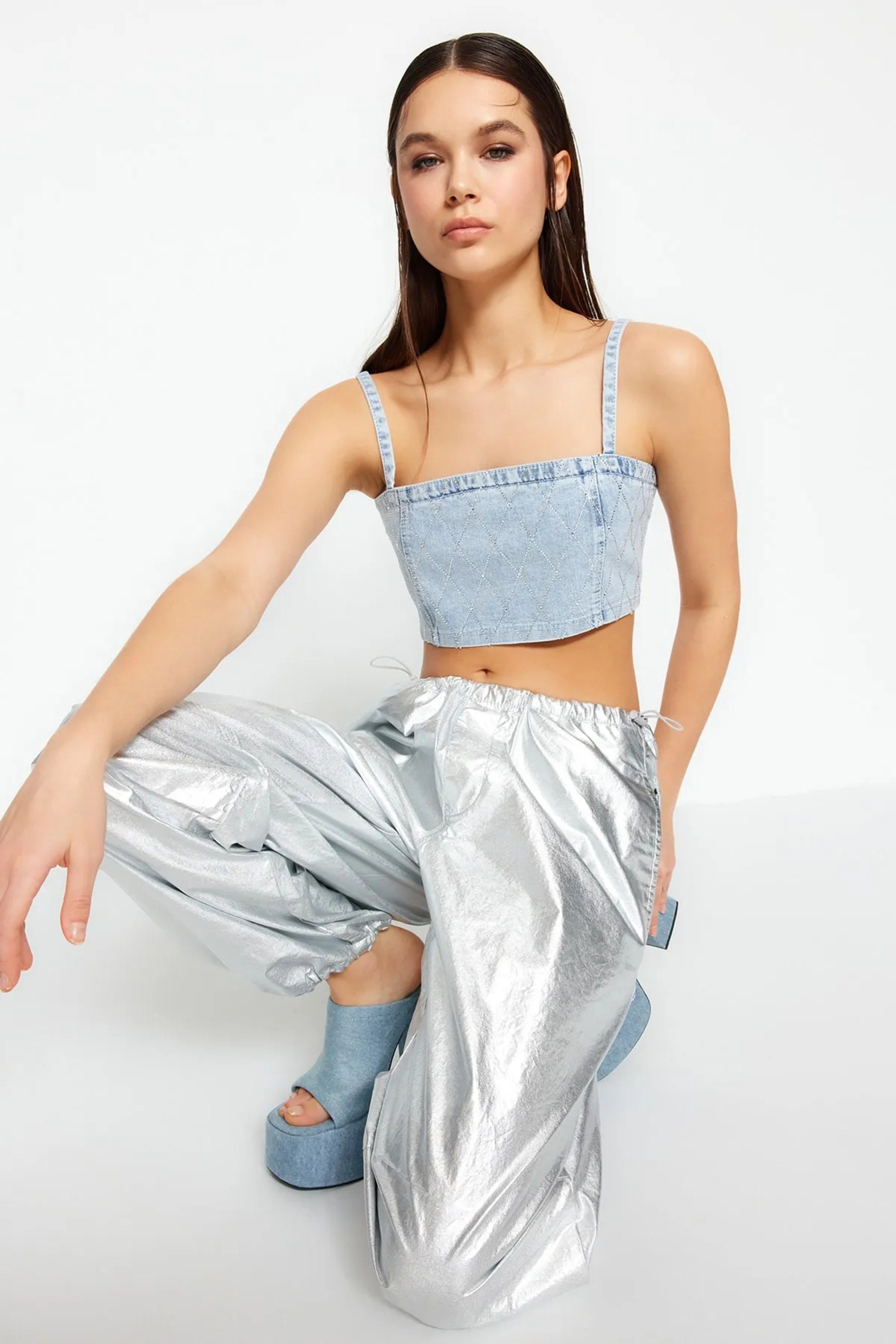 Blue Crop Denim Bustier With Shiny Stones Denim Crop Top Colour Corset ...