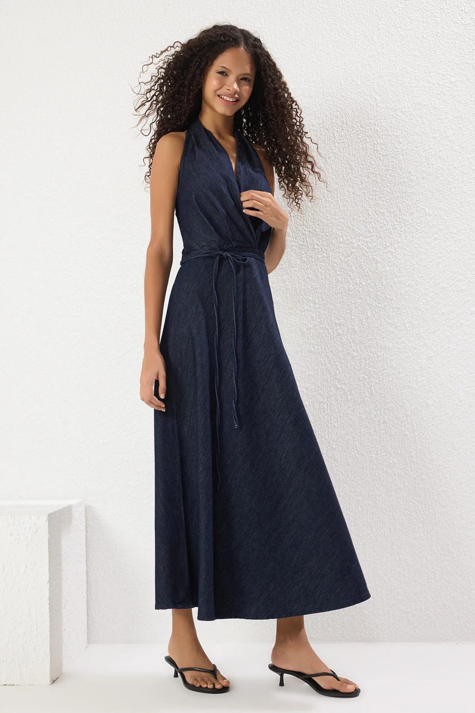 Dark Blue Ruffle Hem Halter Neck Maxi Denim Dress – Elegant Tie-waist ...