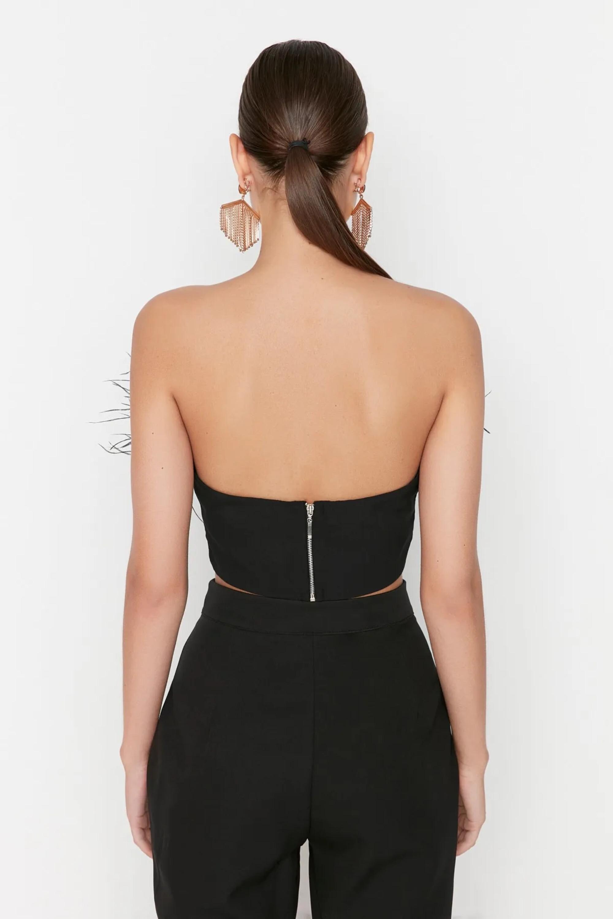 Black Strapless Ostrich Feather Bustier, Crop Top Colour Corset, Bridal ...