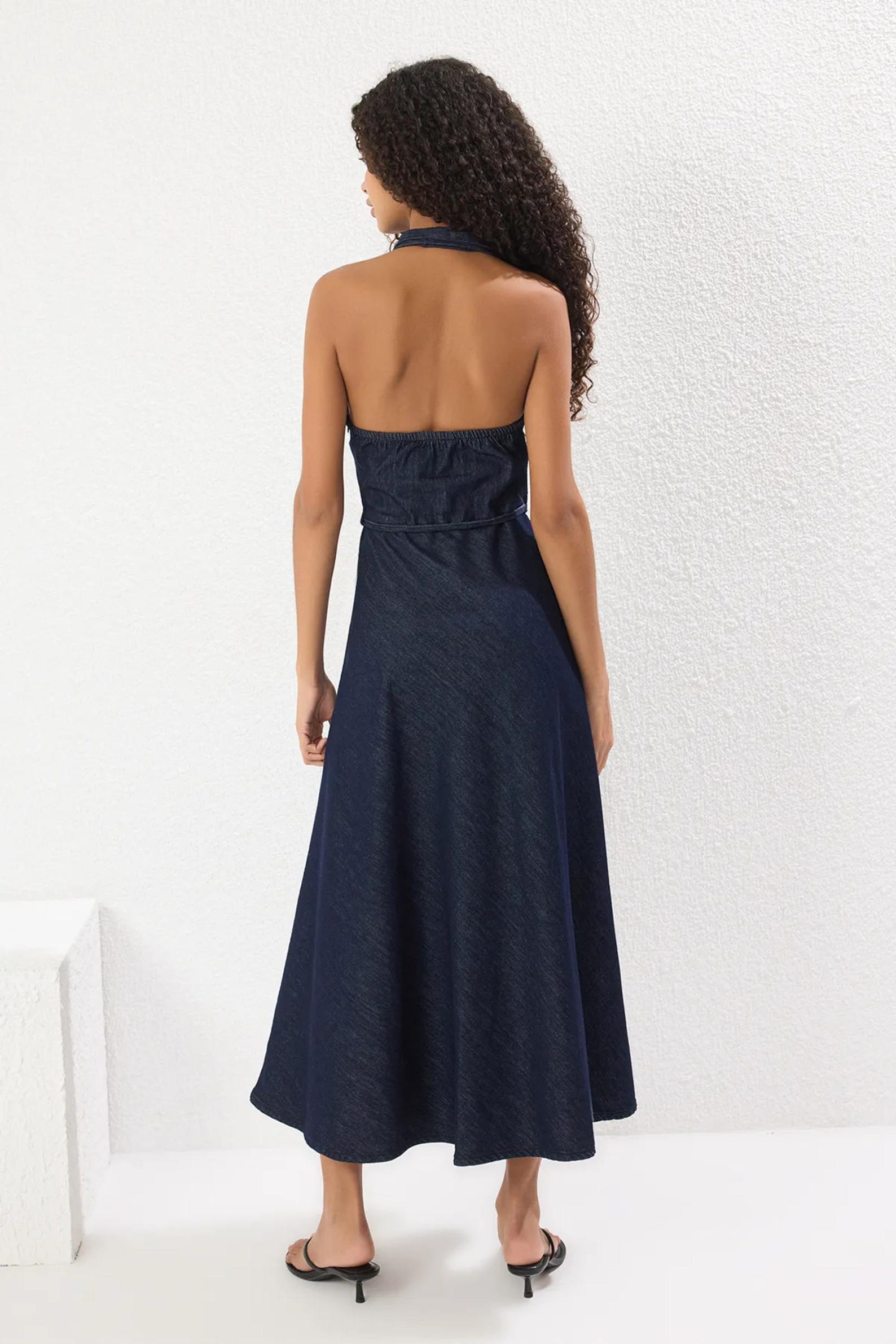 Dark Blue Ruffle Hem Halter Neck Maxi Denim Dress – Elegant Tie-waist ...