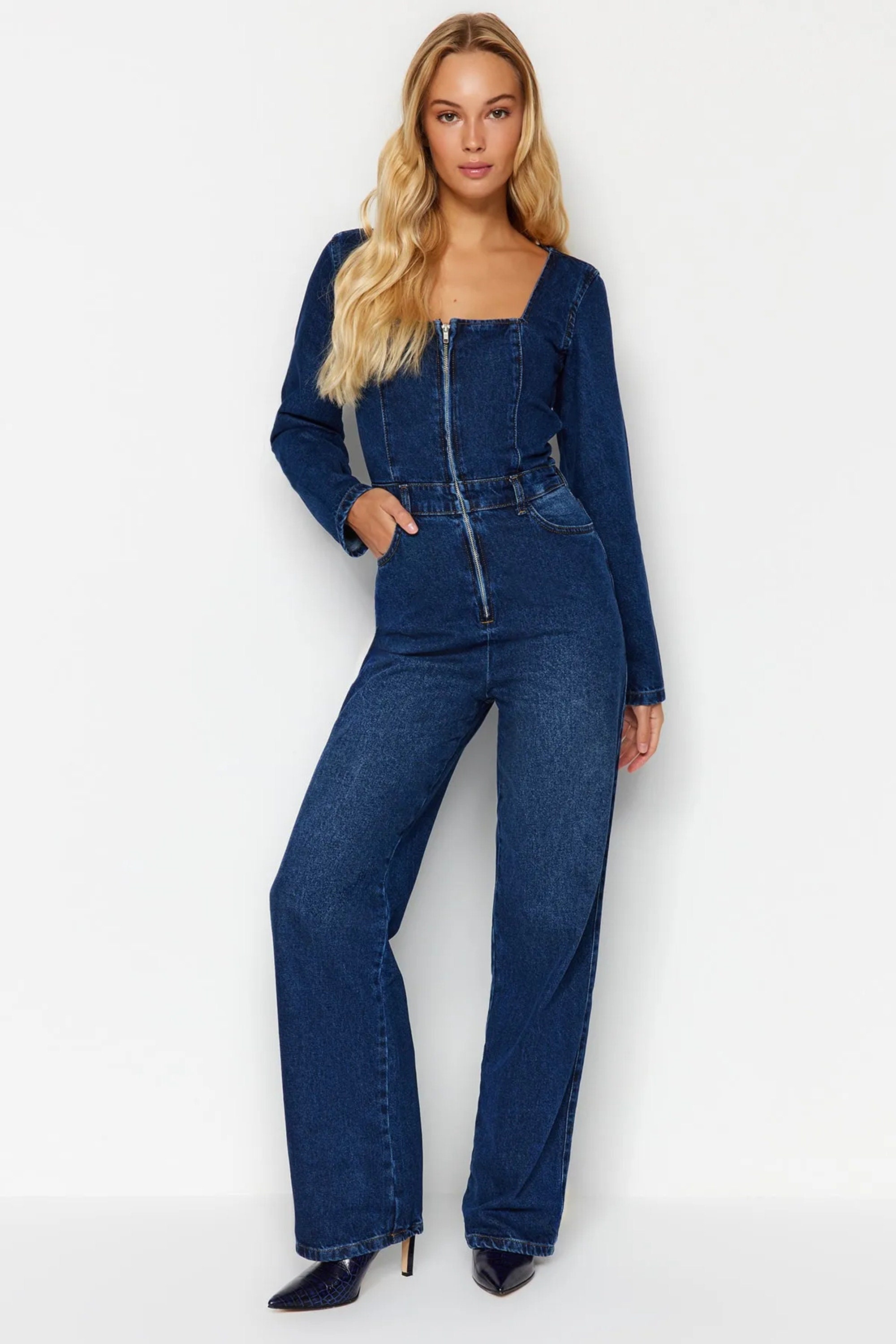 Denim Blue Long Detailed Jean Jumpsuit Full Leg Length Linen Jumpsuit ...