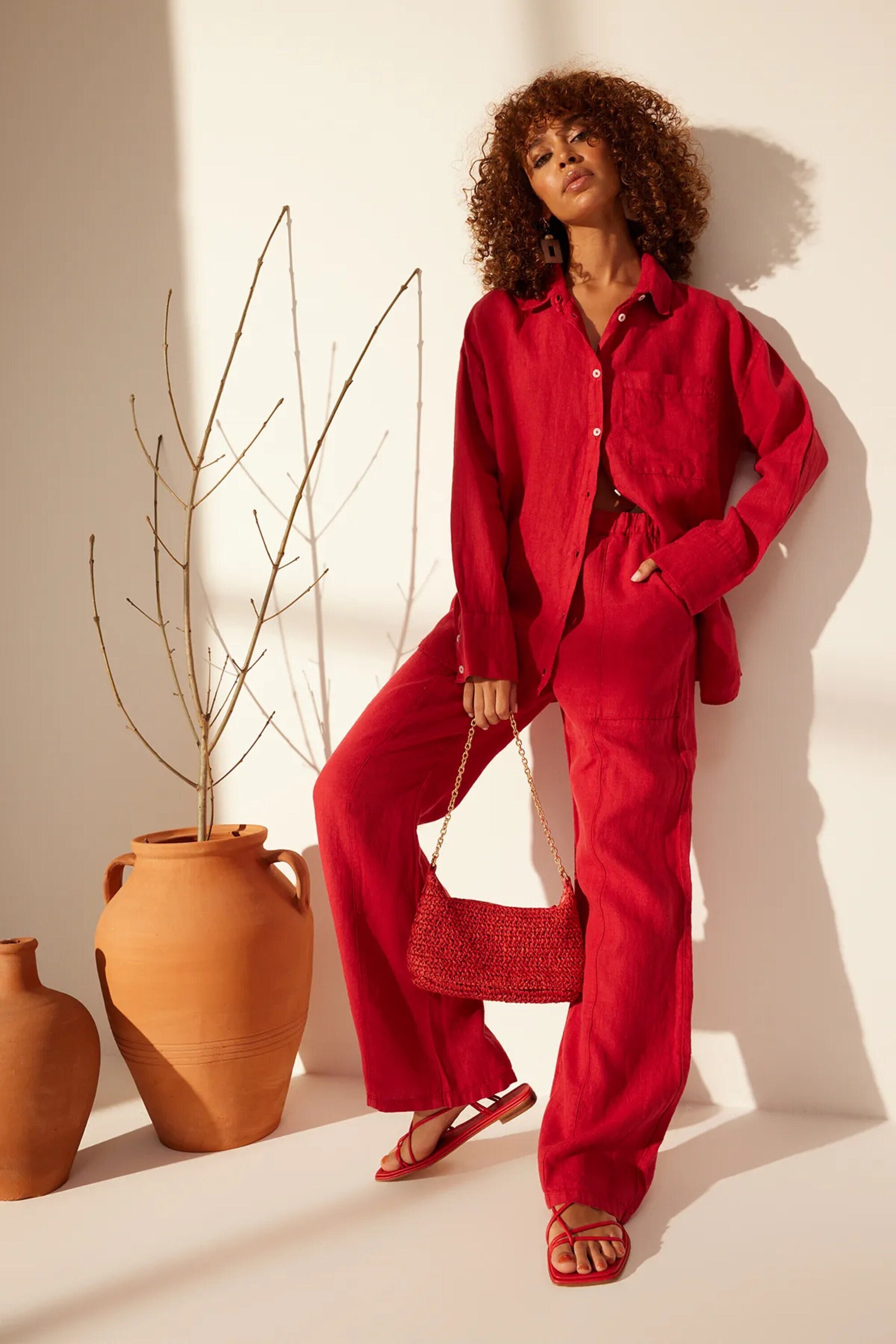 Red Linen Oversized Shirt| Long Sleeves Linen Tops| Casual Cotton Shirt ...