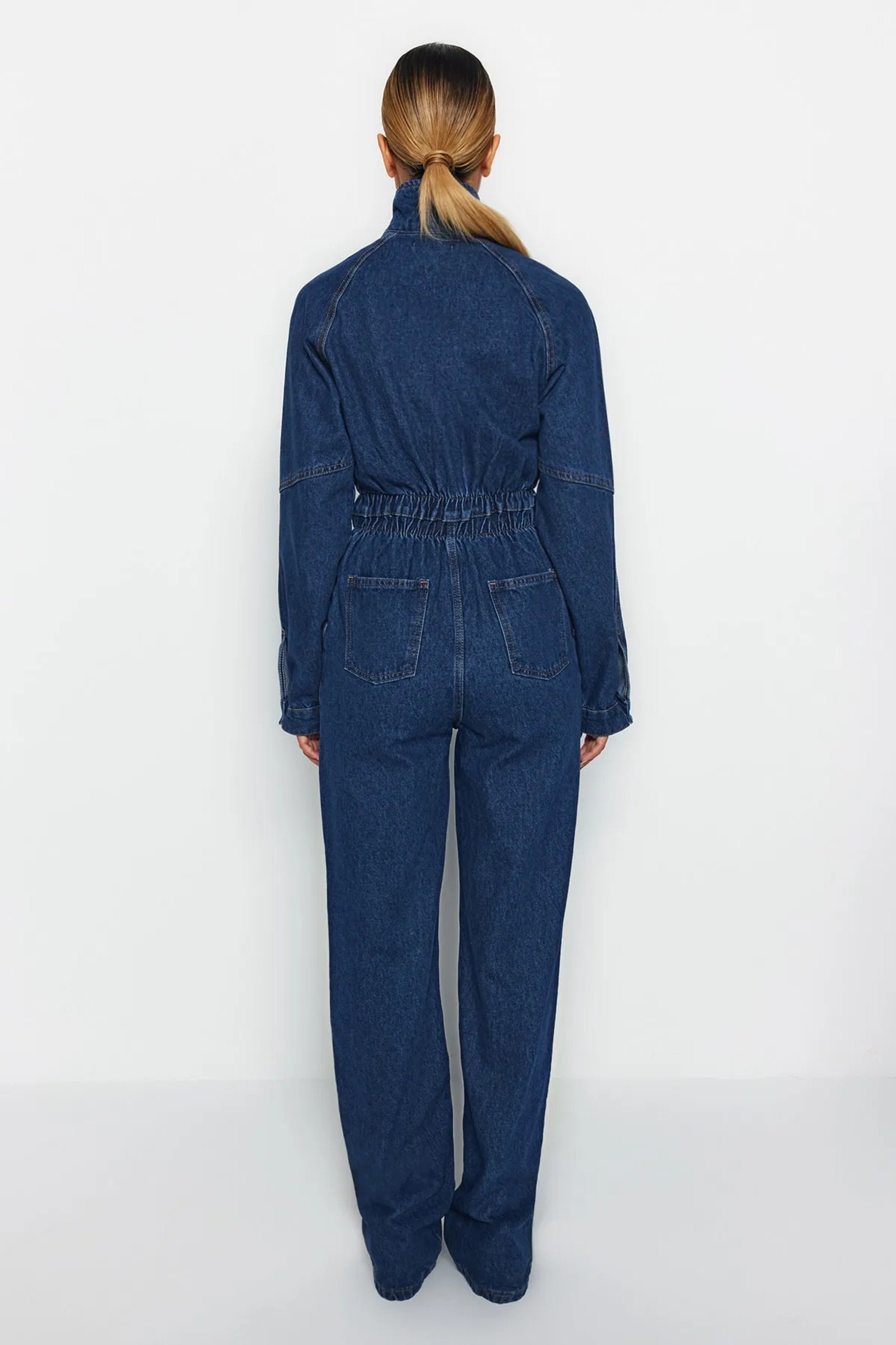 Denim Blue Long Detailed Jean Jumpsuit Full Leg Length Linen Jumpsuit ...