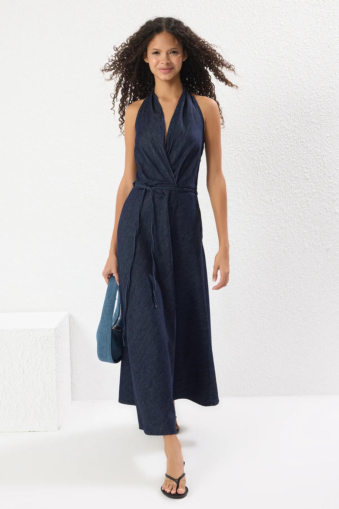 Dark Blue Ruffle Hem Halter Neck Maxi Denim Dress – Elegant Tie-waist ...