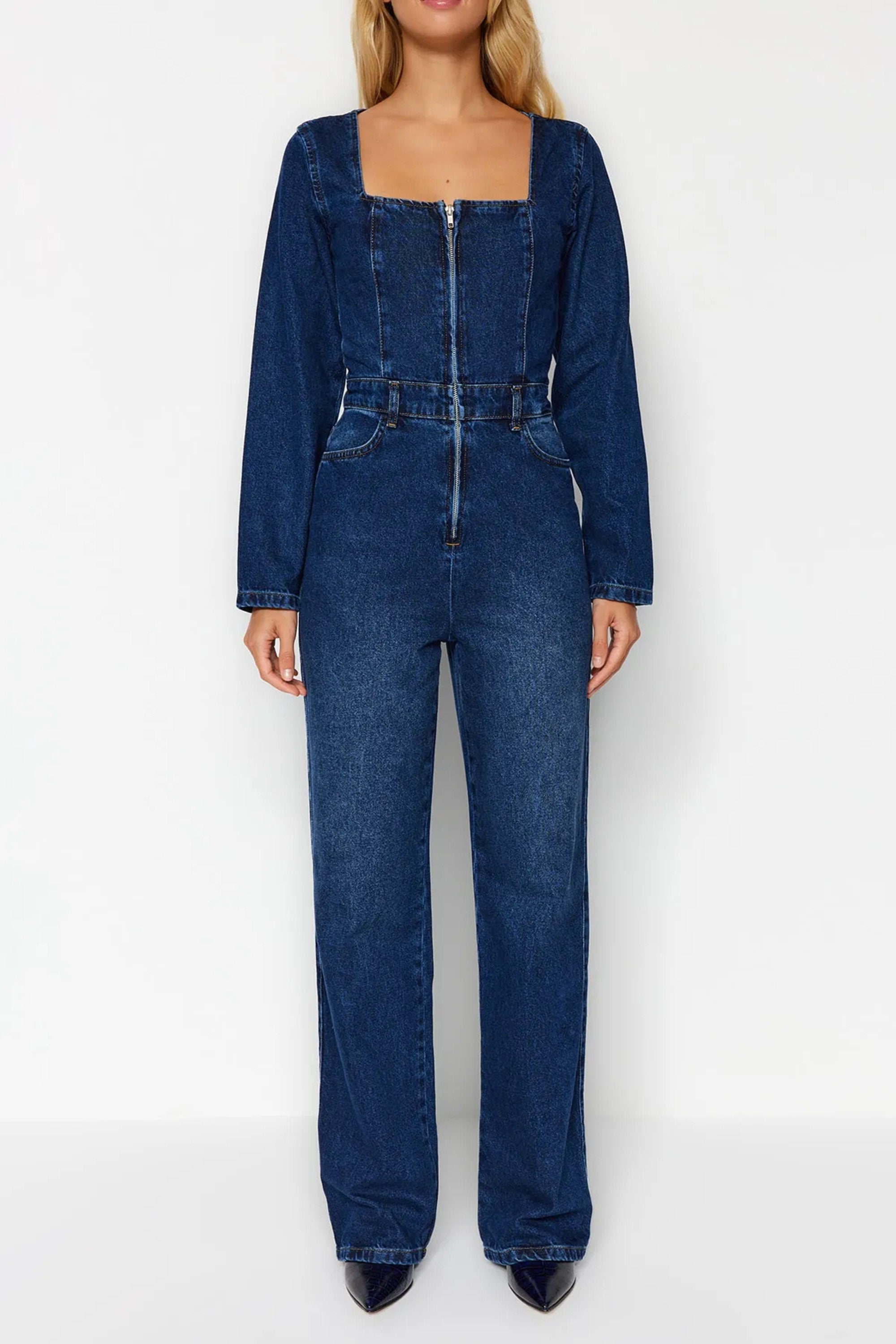Denim Blue Long Detailed Jean Jumpsuit Full Leg Length Linen Jumpsuit ...