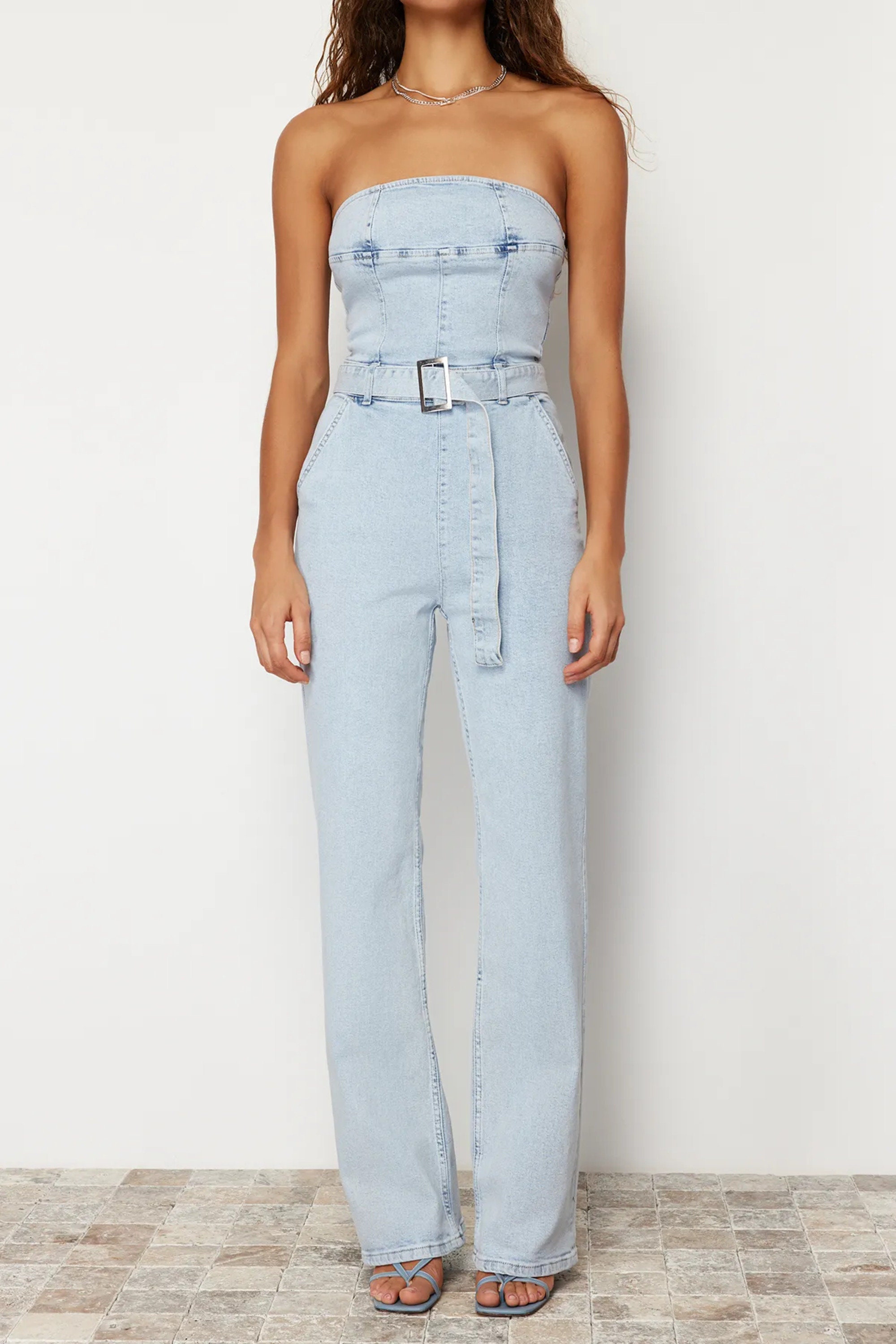 Strapless Denim Black Long Detailed Jean Jumpsuit Full Leg Length ...