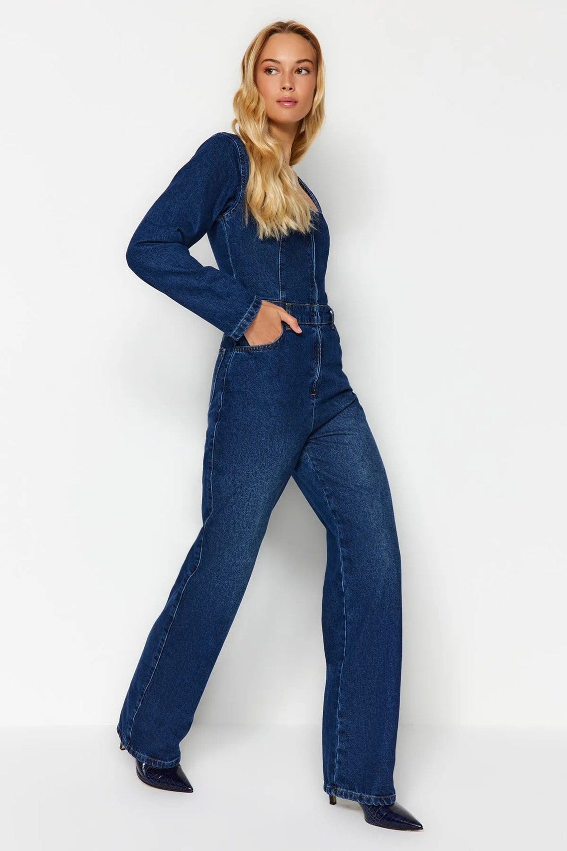 Denim Blue Long Detailed Jean Jumpsuit Full Leg Length Linen Jumpsuit ...