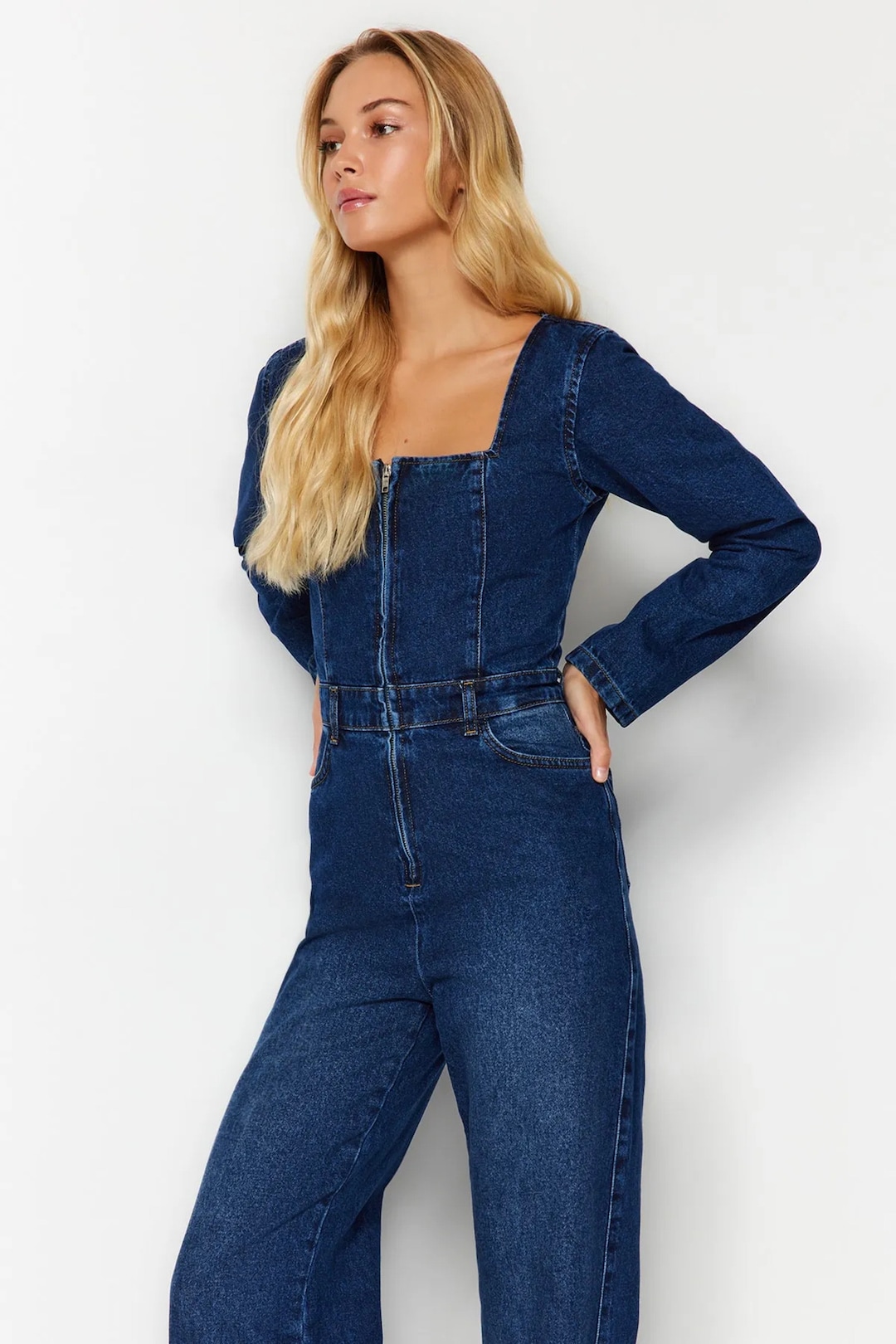 Denim Blue Long Detailed Jean Jumpsuit Full Leg Length Linen Jumpsuit ...