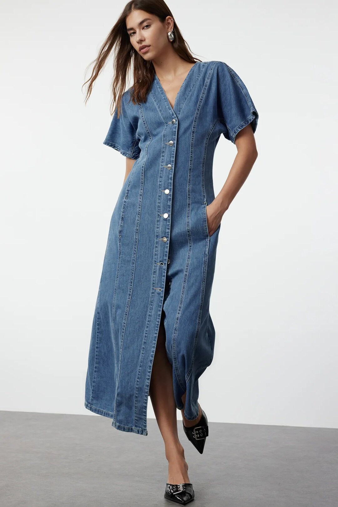Stylish V-neck Blue Jean Maxi Dress | Trendy Casual Jean Dress | Short ...