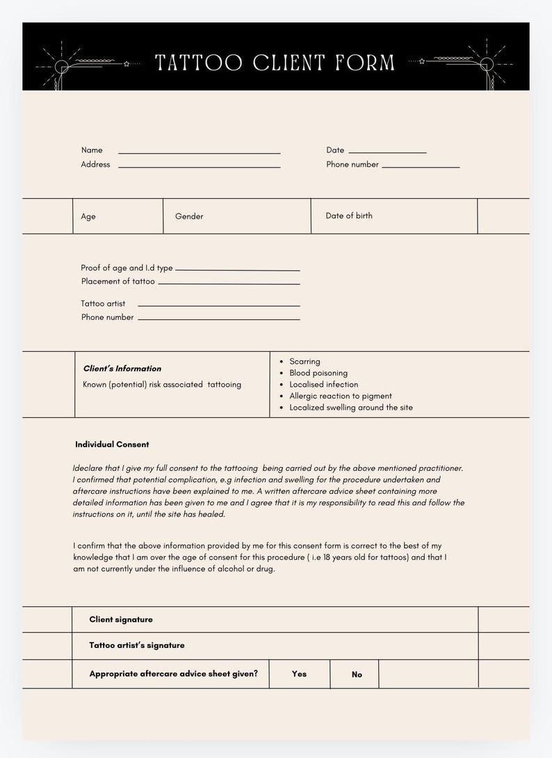 Professional Tattoo Client Form - Etsy