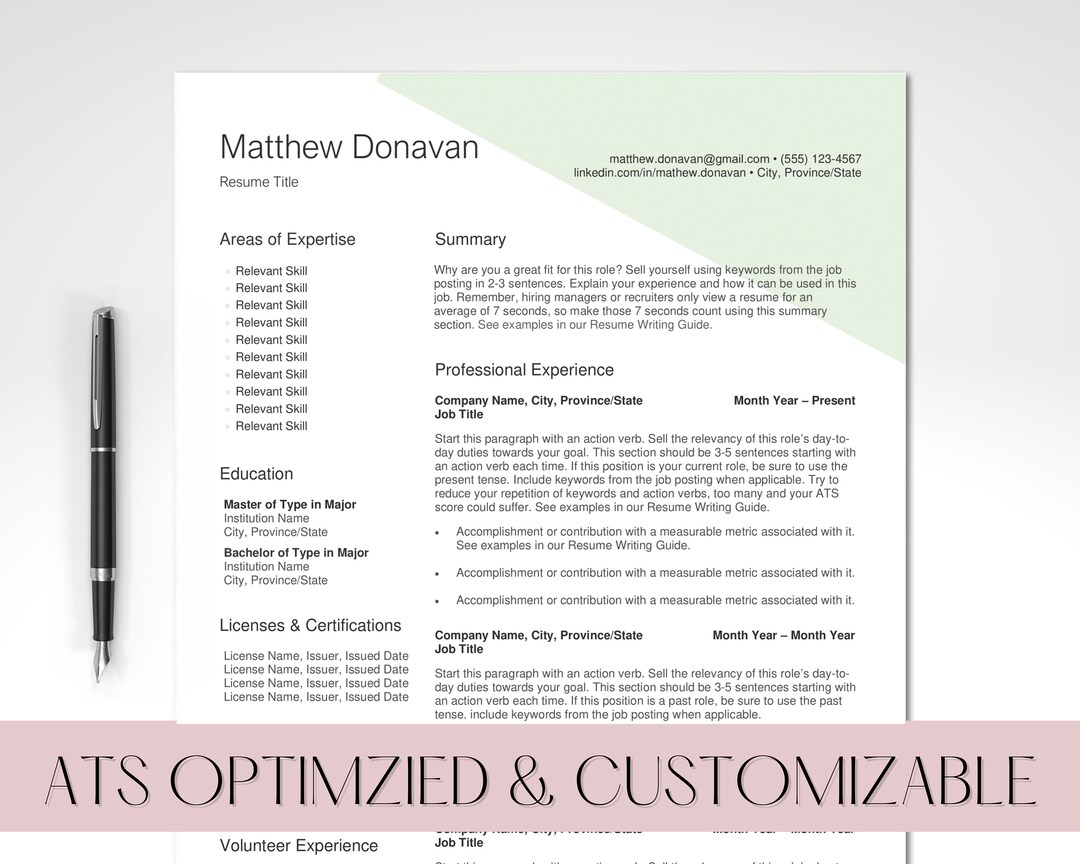 ATS Resume Template, Instant Download Resume, Modern One and Two Page ...