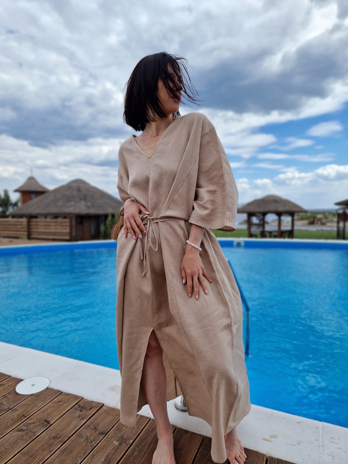 Long Linen Kimono Dress dune. Women's Linen Dress Oversize. Linen ...
