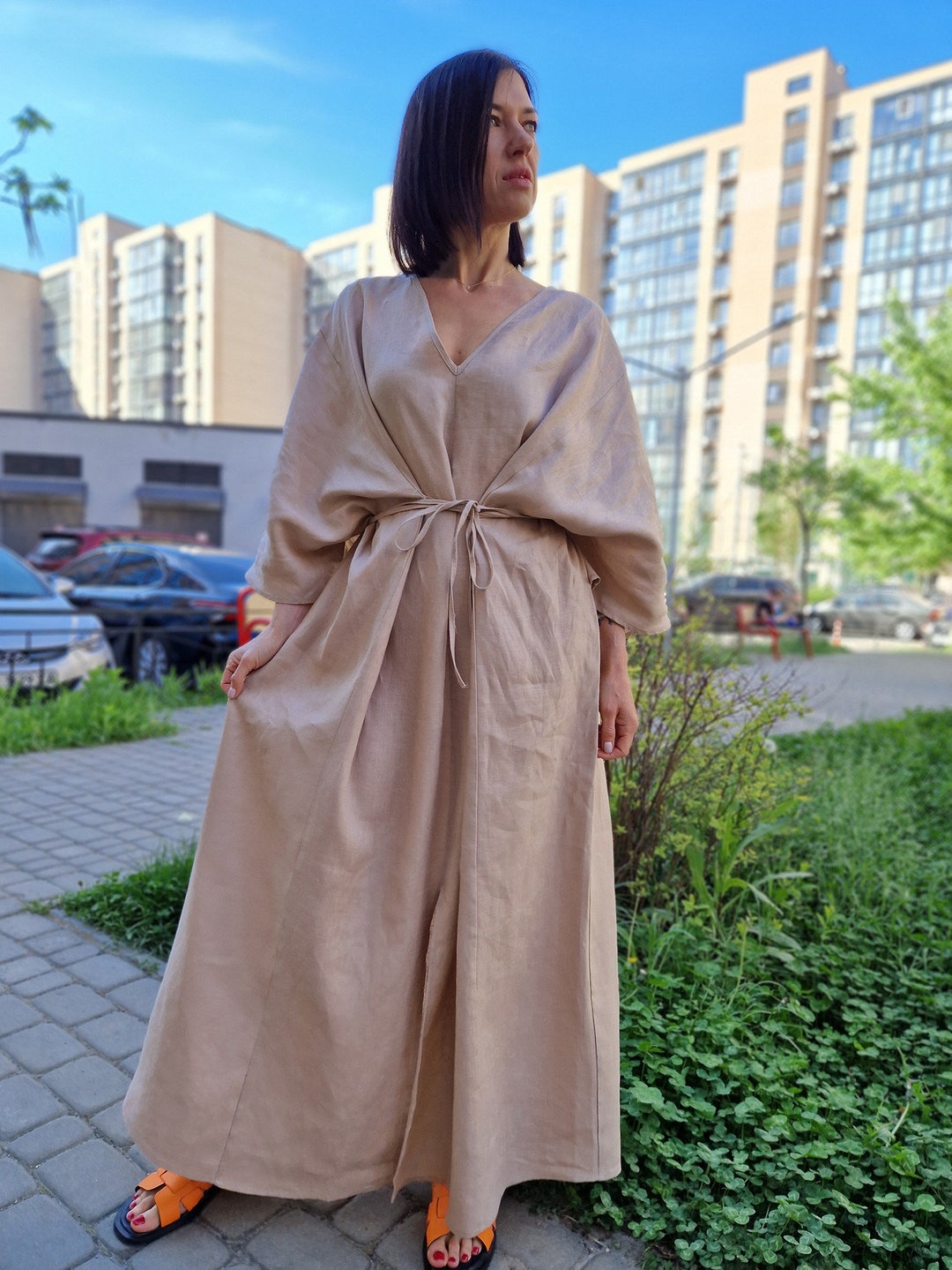 Long Linen Kimono Dress dune. Women's Linen Dress Oversize. Linen ...