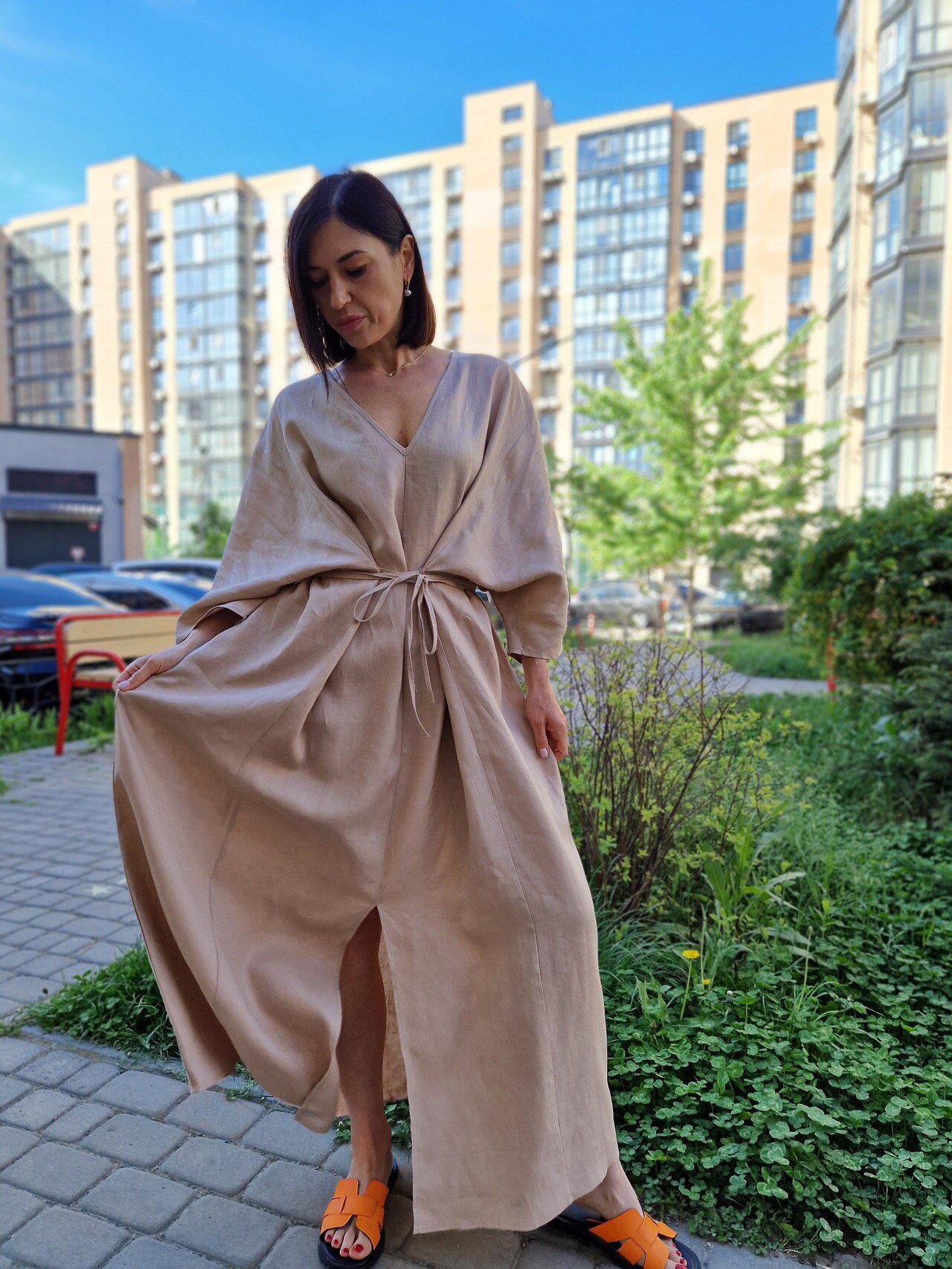 Long Linen Kimono Dress dune. Women's Linen Dress Oversize. Linen ...