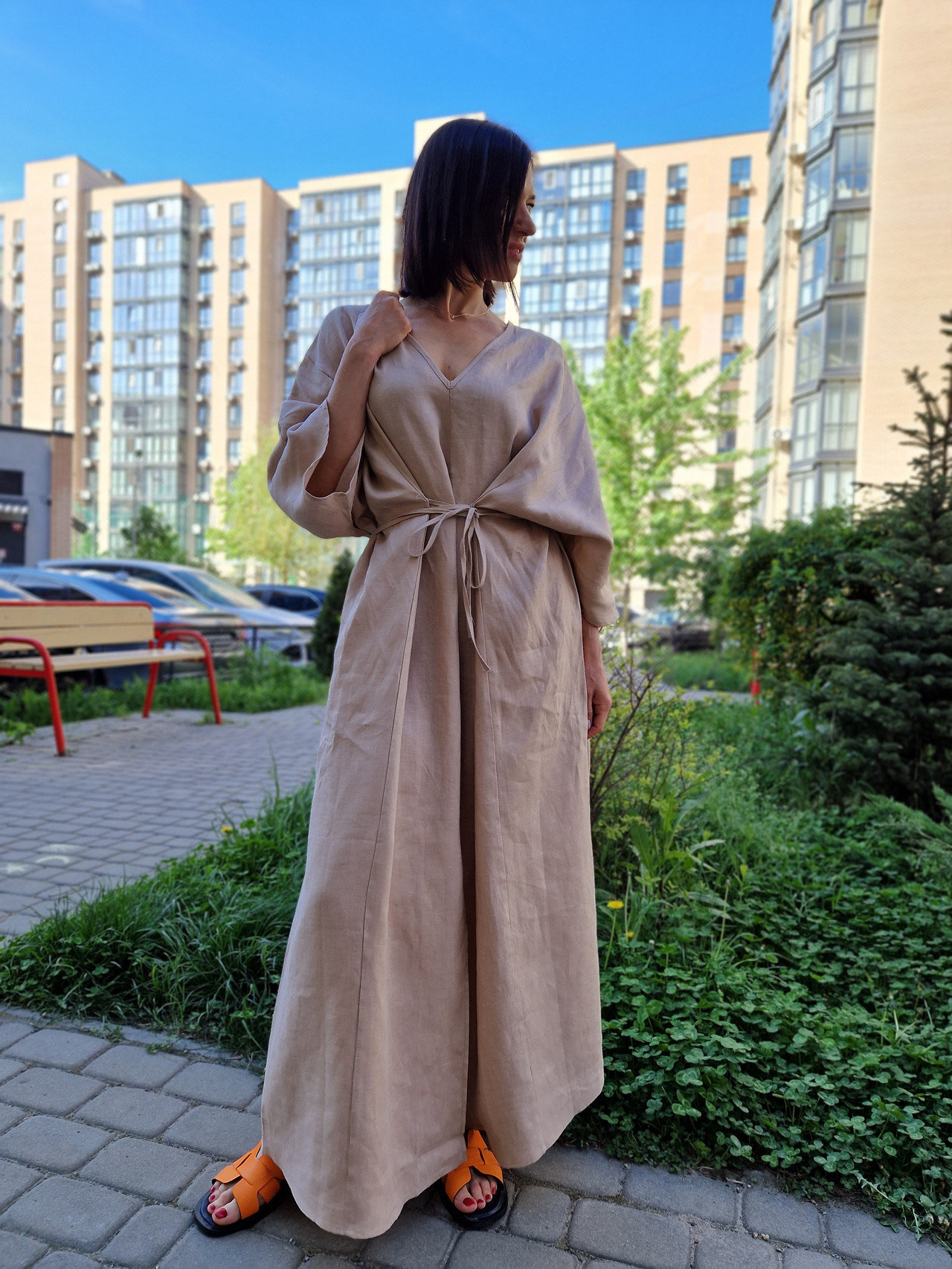 Long Linen Kimono Dress dune. Women's Linen Dress Oversize. Linen ...