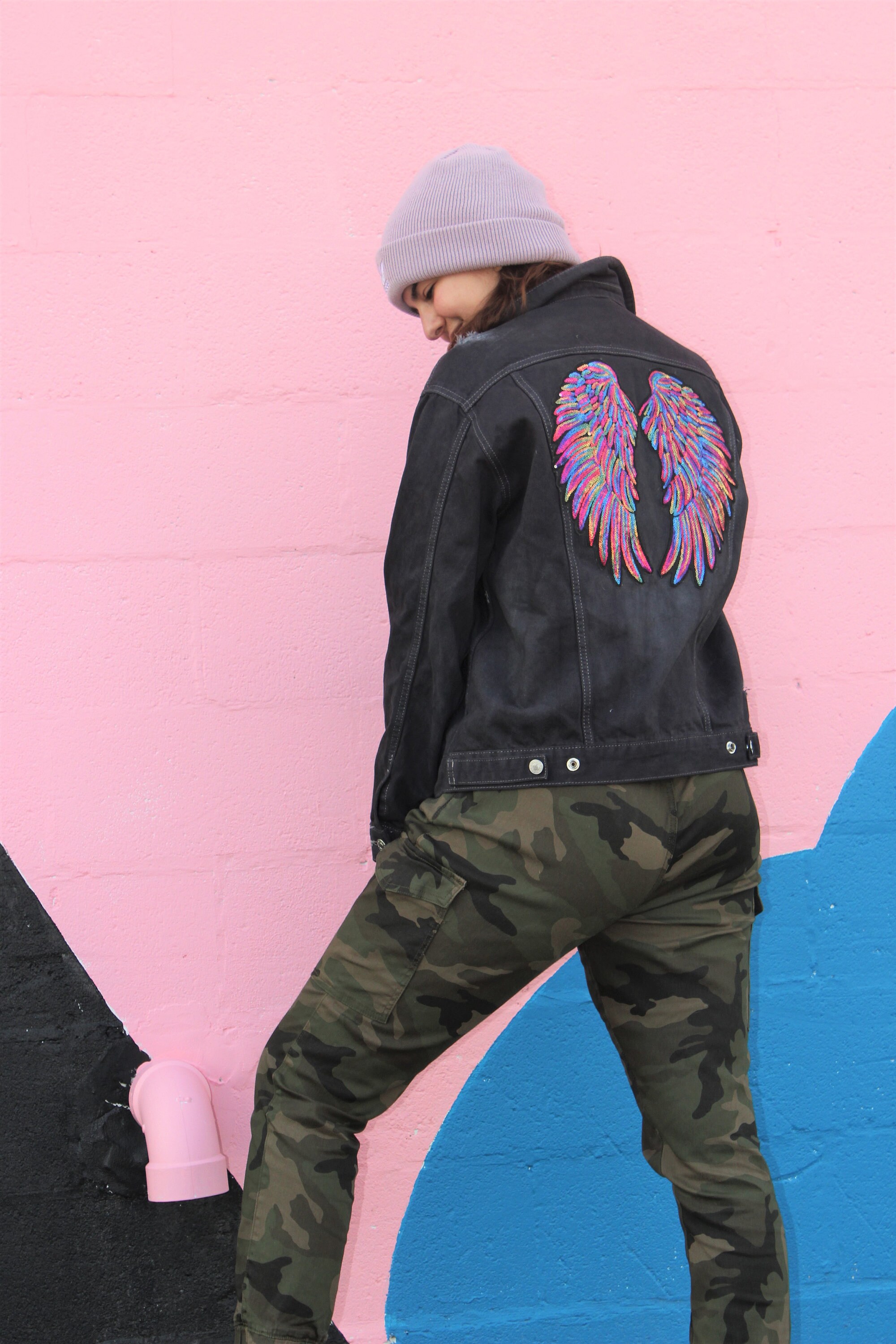 Black Wash Denim Sequin Wing Jacket "dark Angel" - Etsy