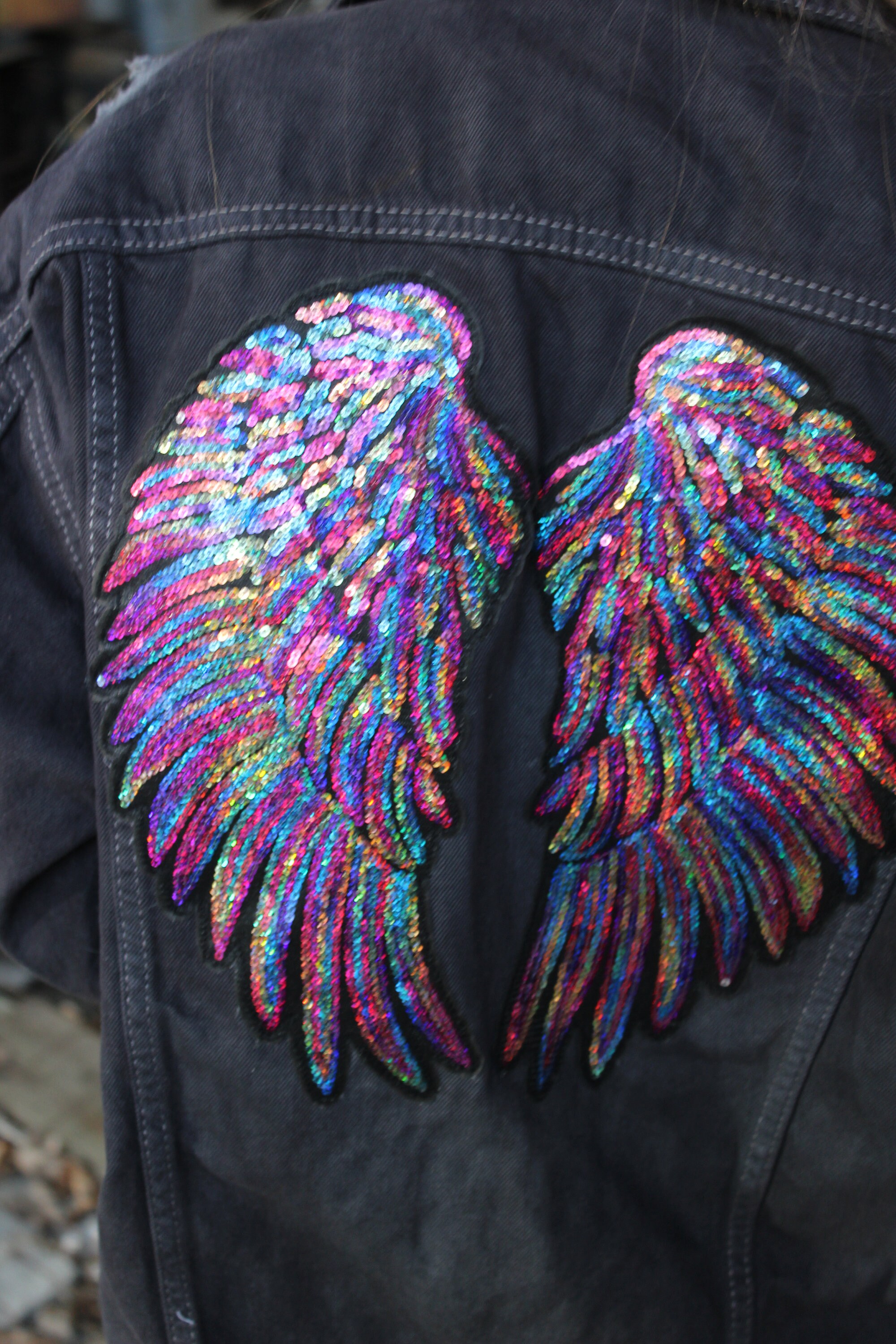 Black Wash Denim Sequin Wing Jacket "dark Angel" - Etsy