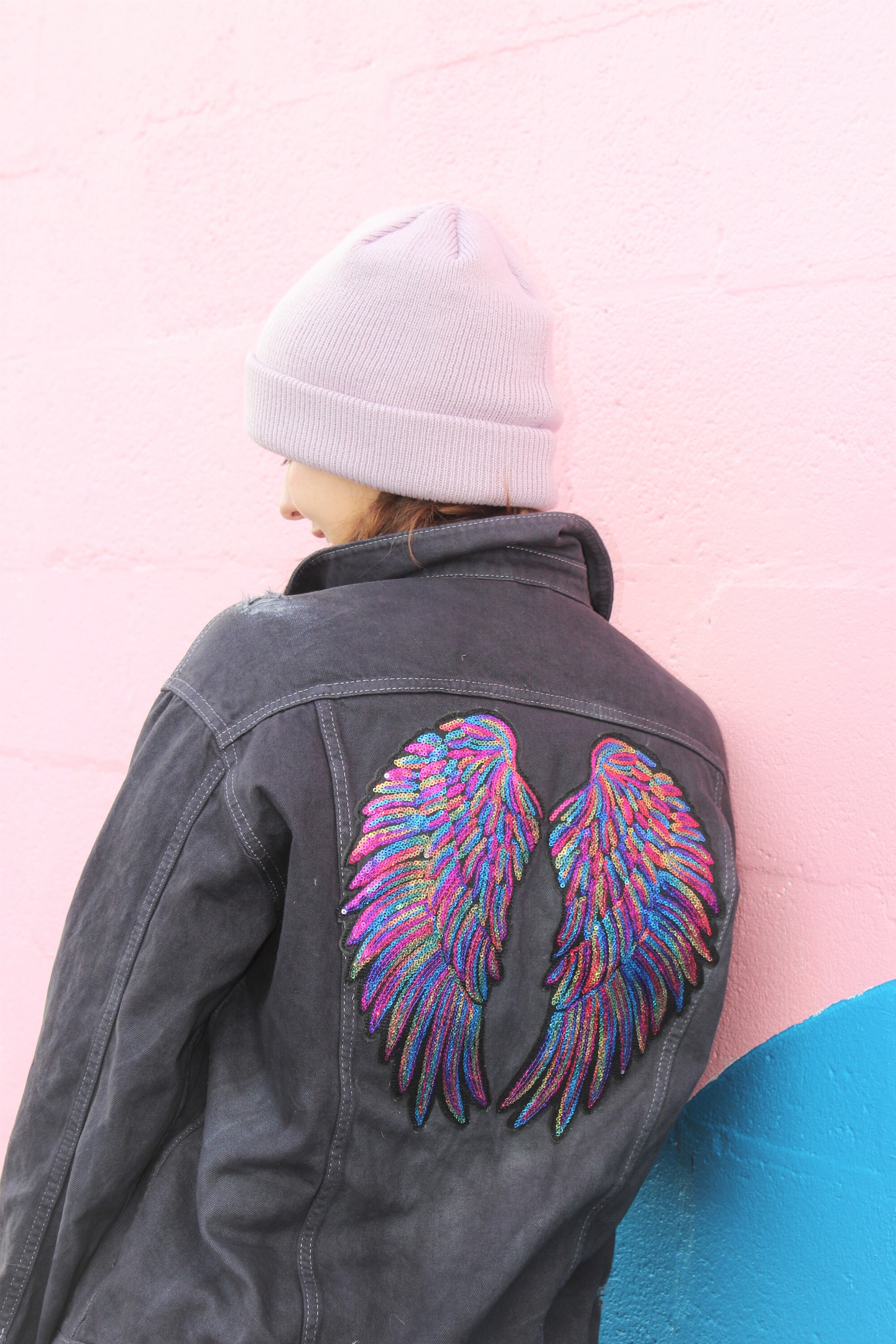 Black Wash Denim Sequin Wing Jacket "dark Angel" - Etsy