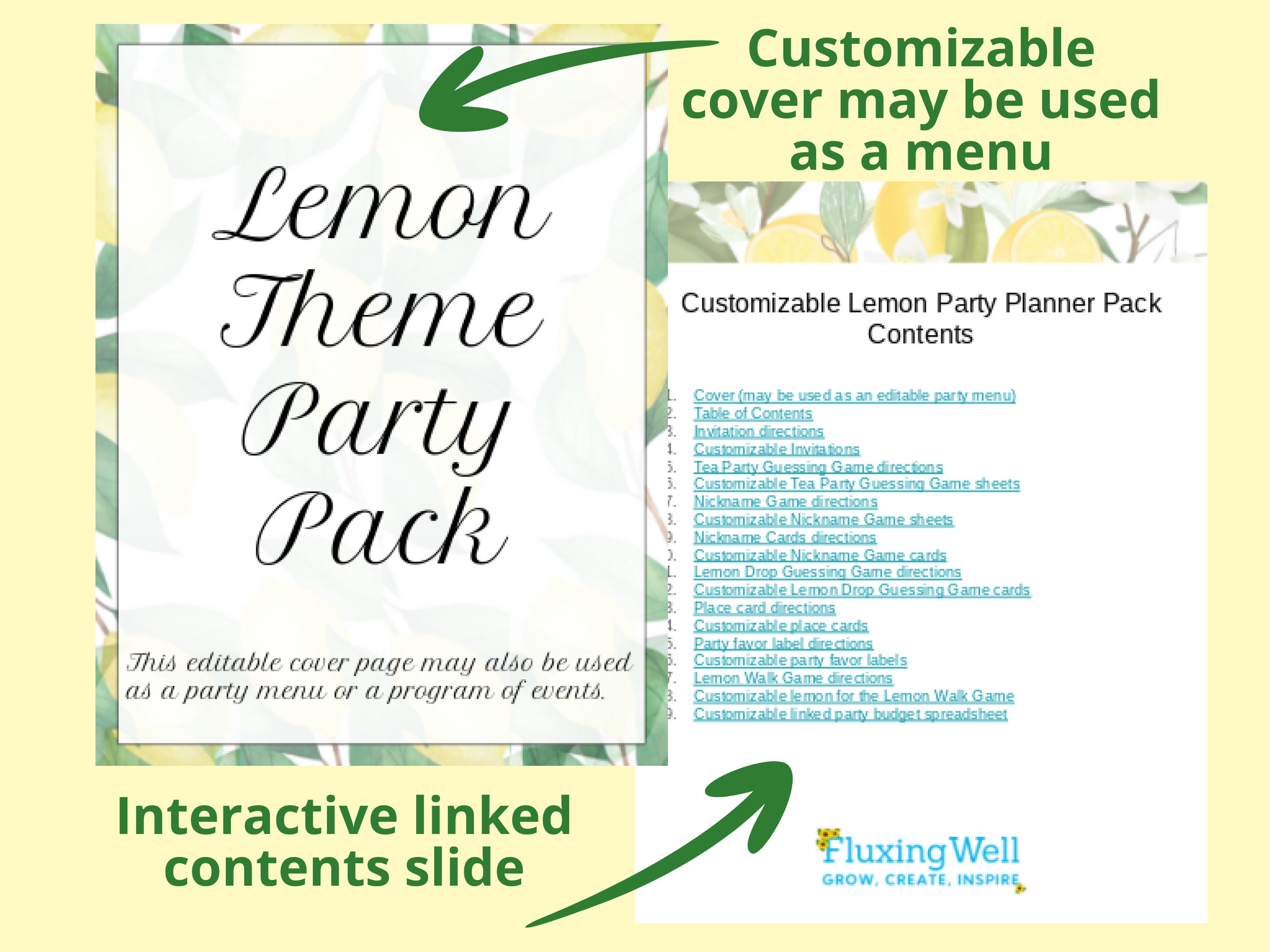 Editable Lemon Party Bundle: Invitations, Games, Place Cards, Labels ...