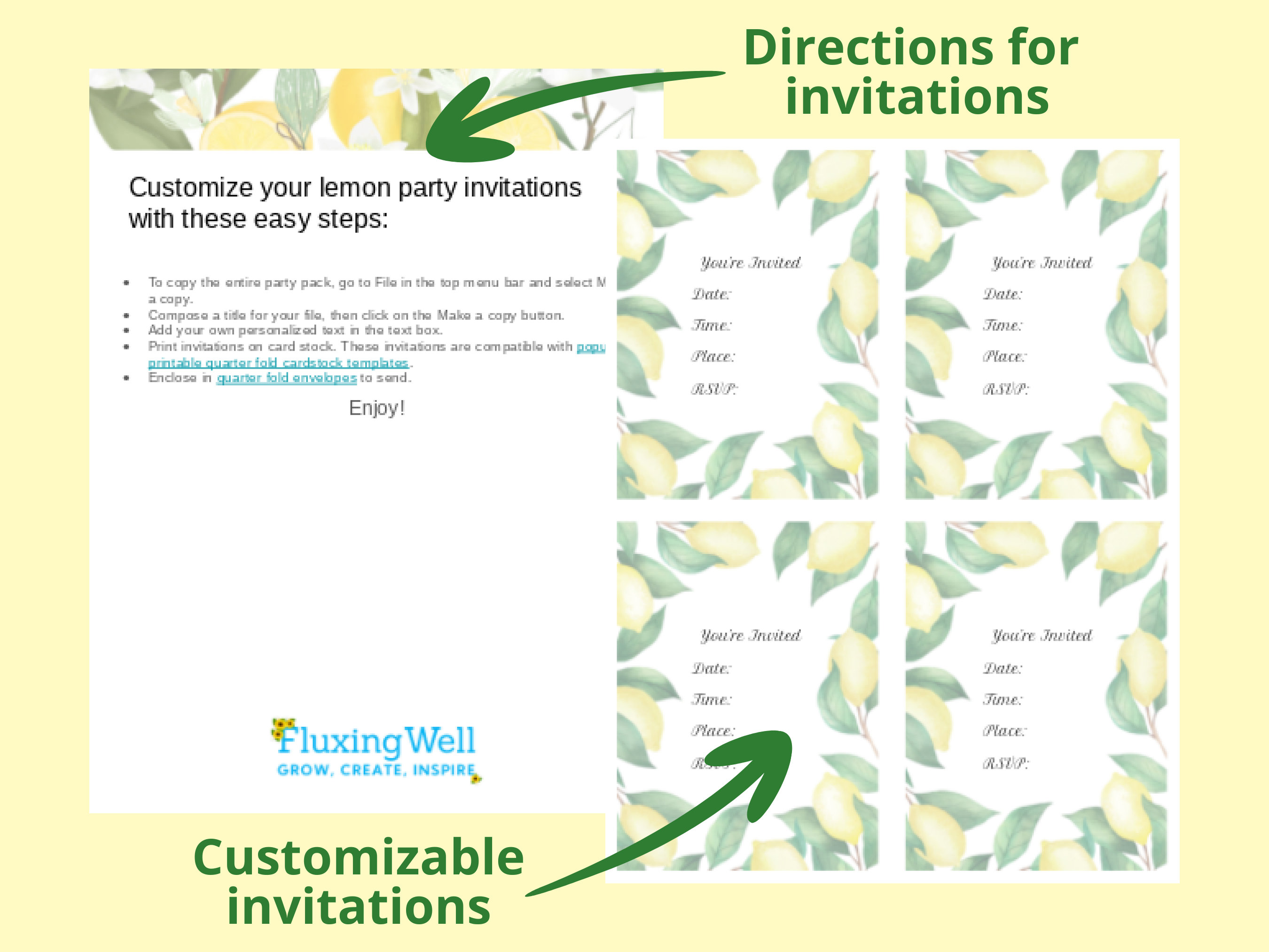 Editable Lemon Party Bundle: Invitations, Games, Place Cards, Labels ...