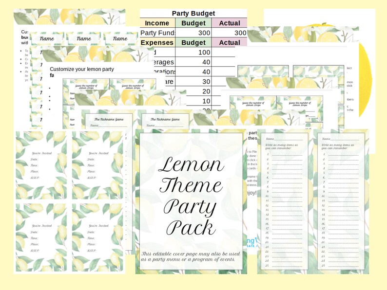 Editable Lemon Party Bundle: Invitations, Games, Place Cards, Labels ...