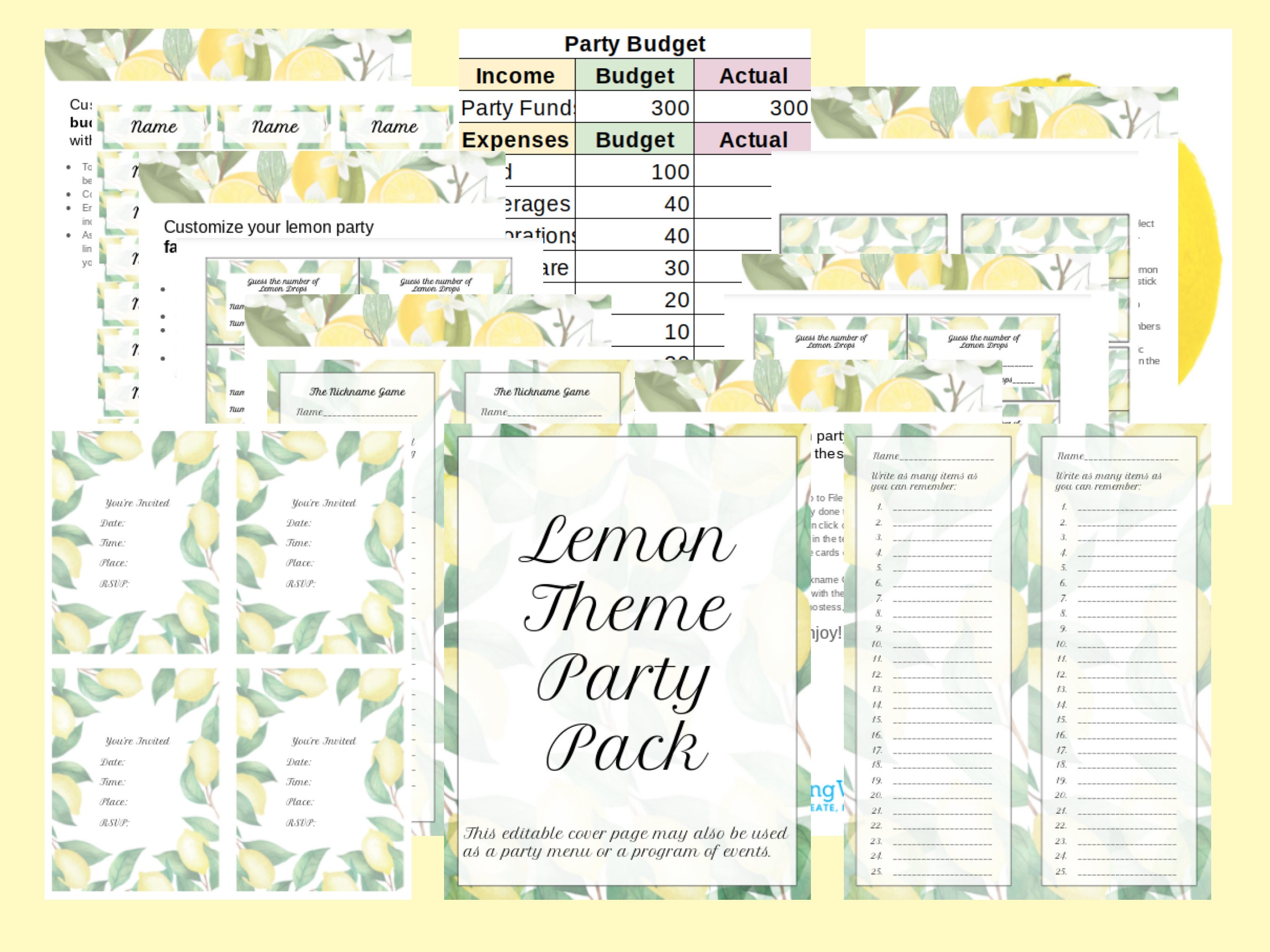 Editable Lemon Party Bundle: Invitations, Games, Place Cards, Labels ...