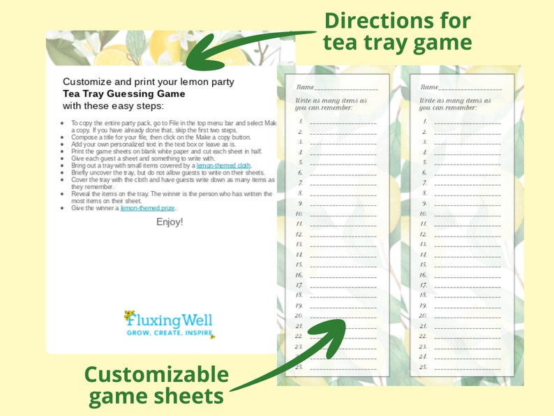 Editable Lemon Party Bundle: Invitations, Games, Place Cards, Labels ...