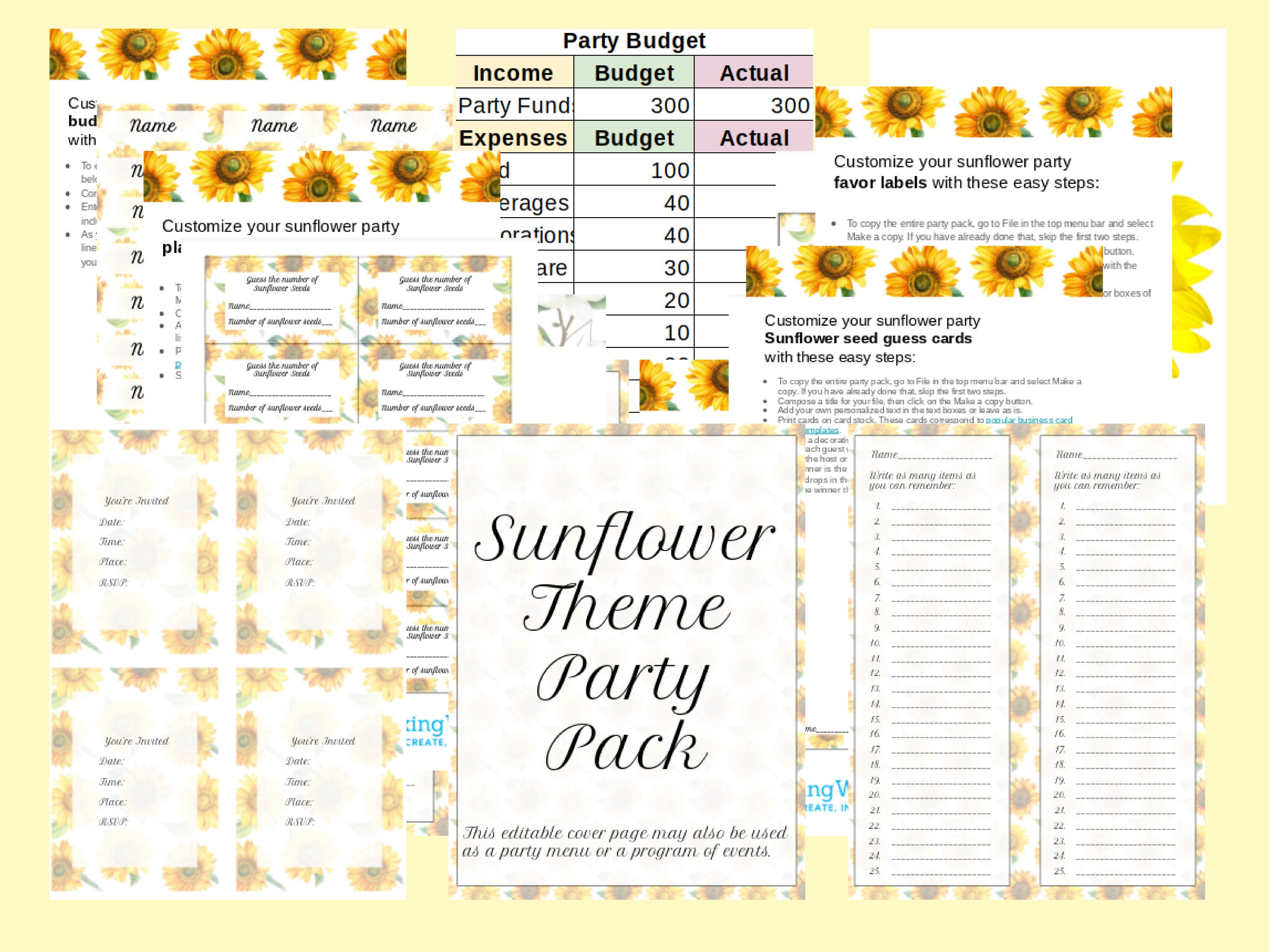 Editable Sunflower Party Bundle: Invitations, Games, Place Cards ...