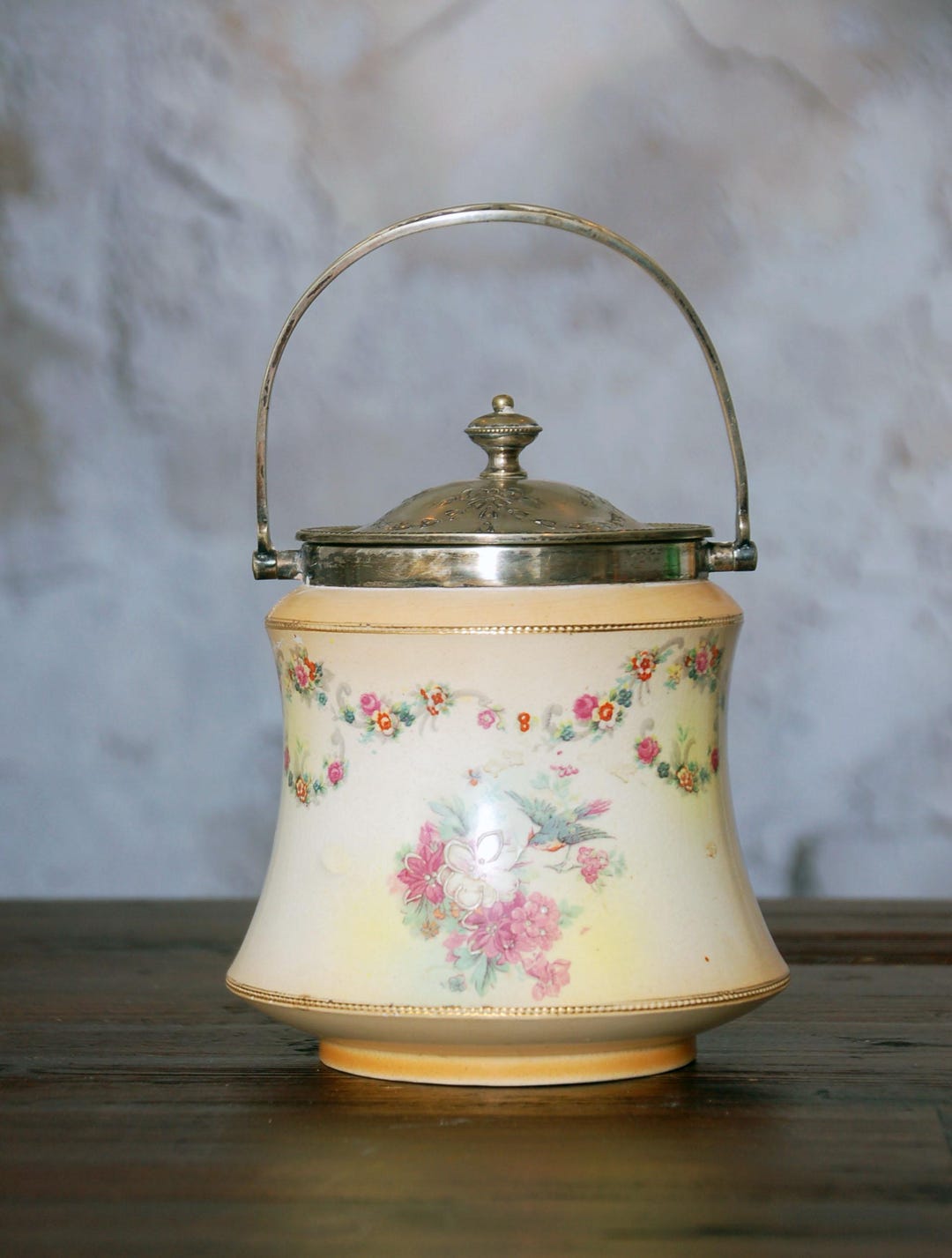 Antique Lidded Biscuit Jar / 1800s Hand Painted Cracker Cookie Jar With ...