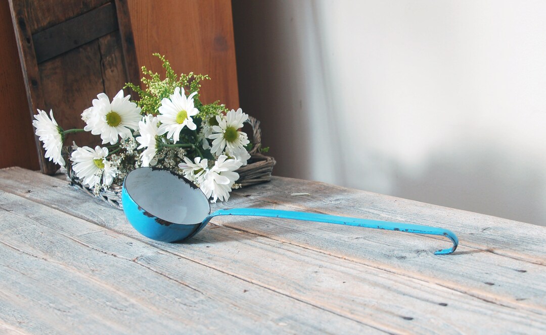 Blue Enamel Ladle / Vintage Enamelware Skimmer / French Enamel Spoon ...