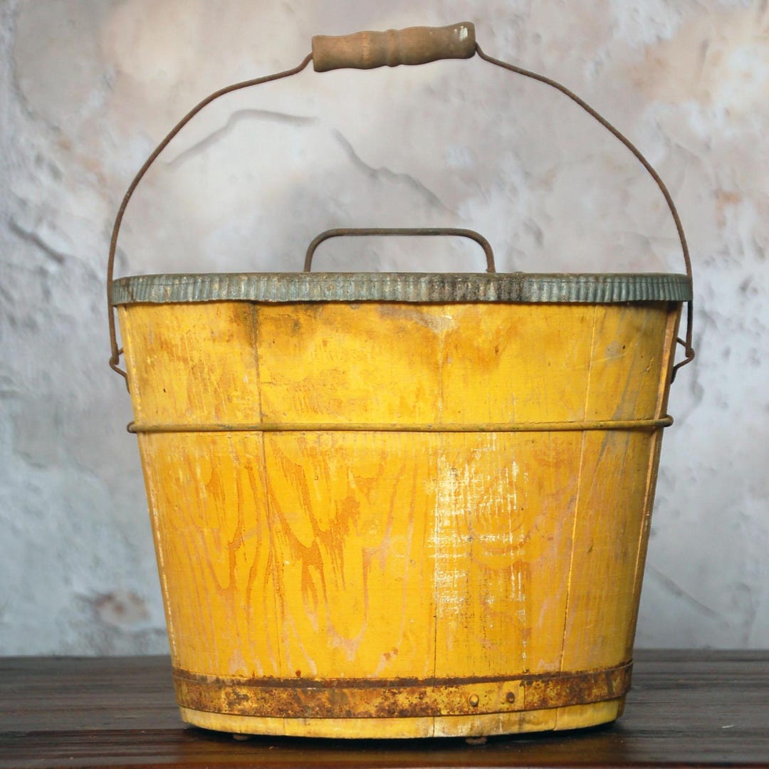 Antique Wood Bucket / Yellow Primitive Wood Firkin Bucket With Lid ...