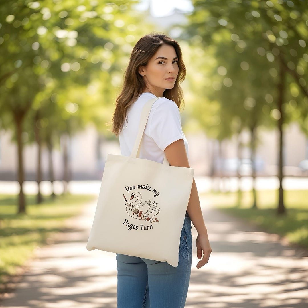 Canvas Book Tote Bag Design Swan Illustration Literary Quote Pages Turn ...