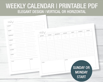 Blank Weekly Calendar Printable Horizontal or Vertical Sun/mon Start ...