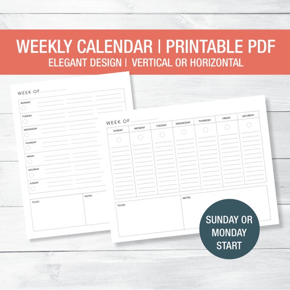 Blank Weekly Calendar Printable Horizontal or Vertical Sun/mon - Etsy