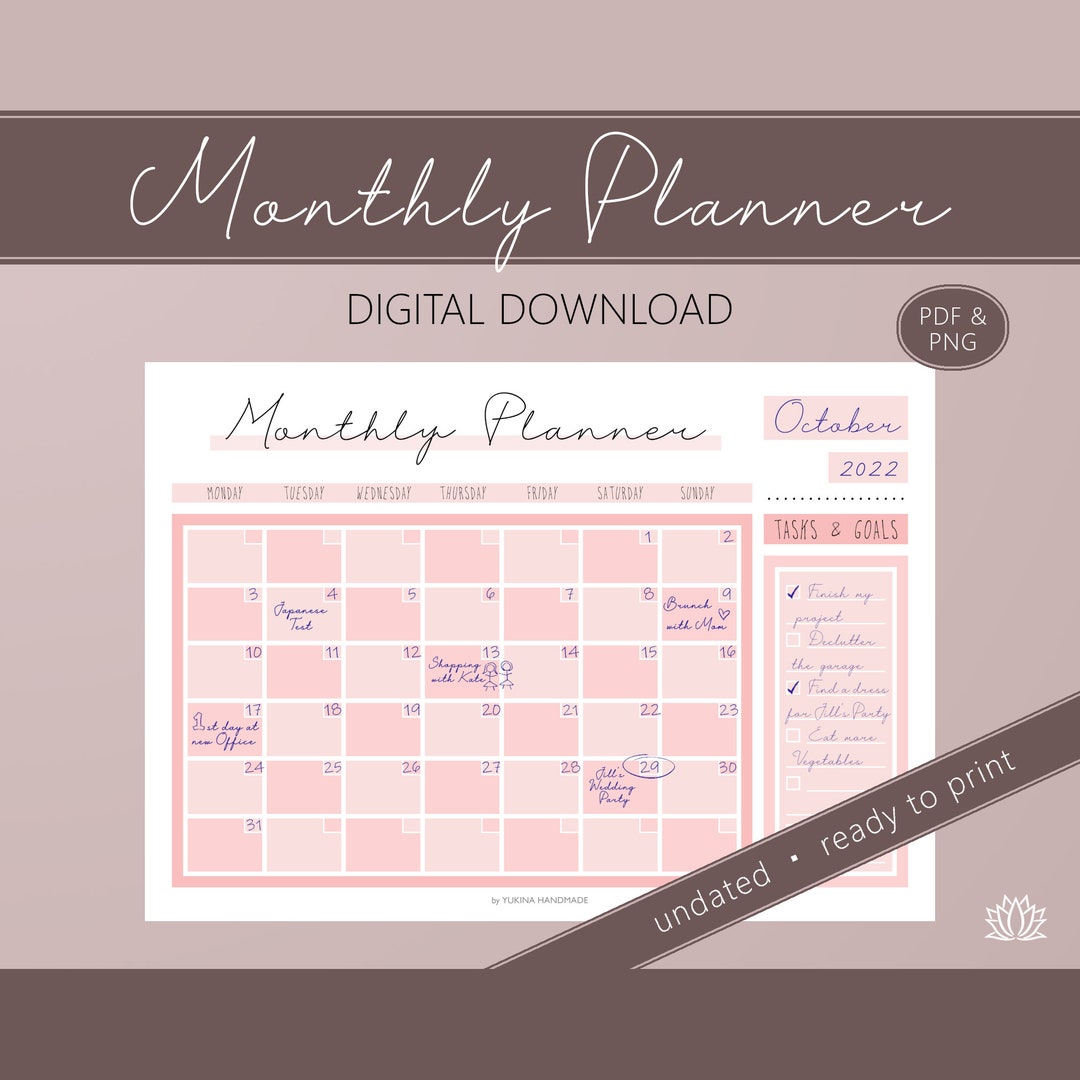 Monthly Planner Printable, Tasks Goals Activities Events Appointments ...