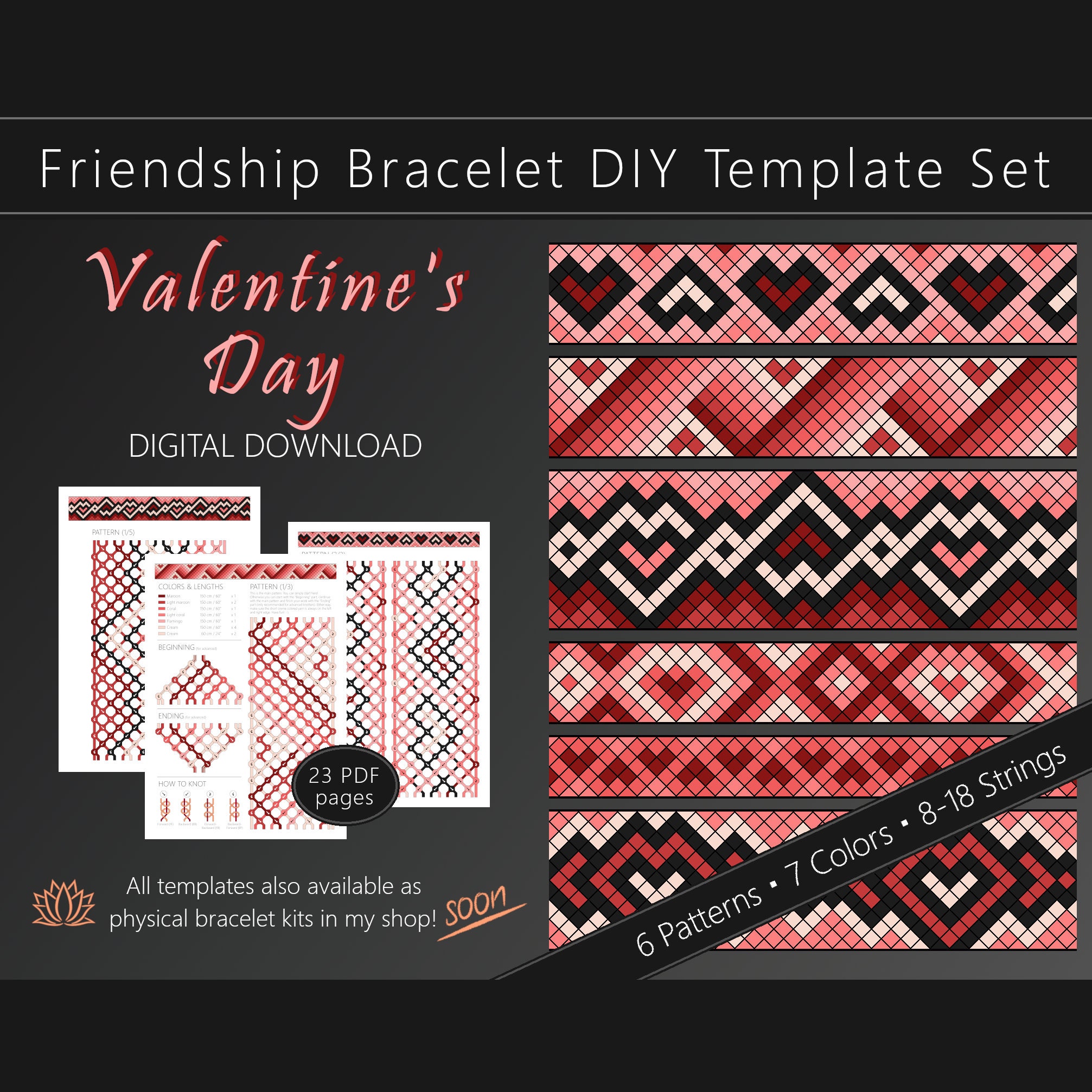 Friendship Bracelet DIY Template Set "valentine's Day", Tutorial for 6 ...