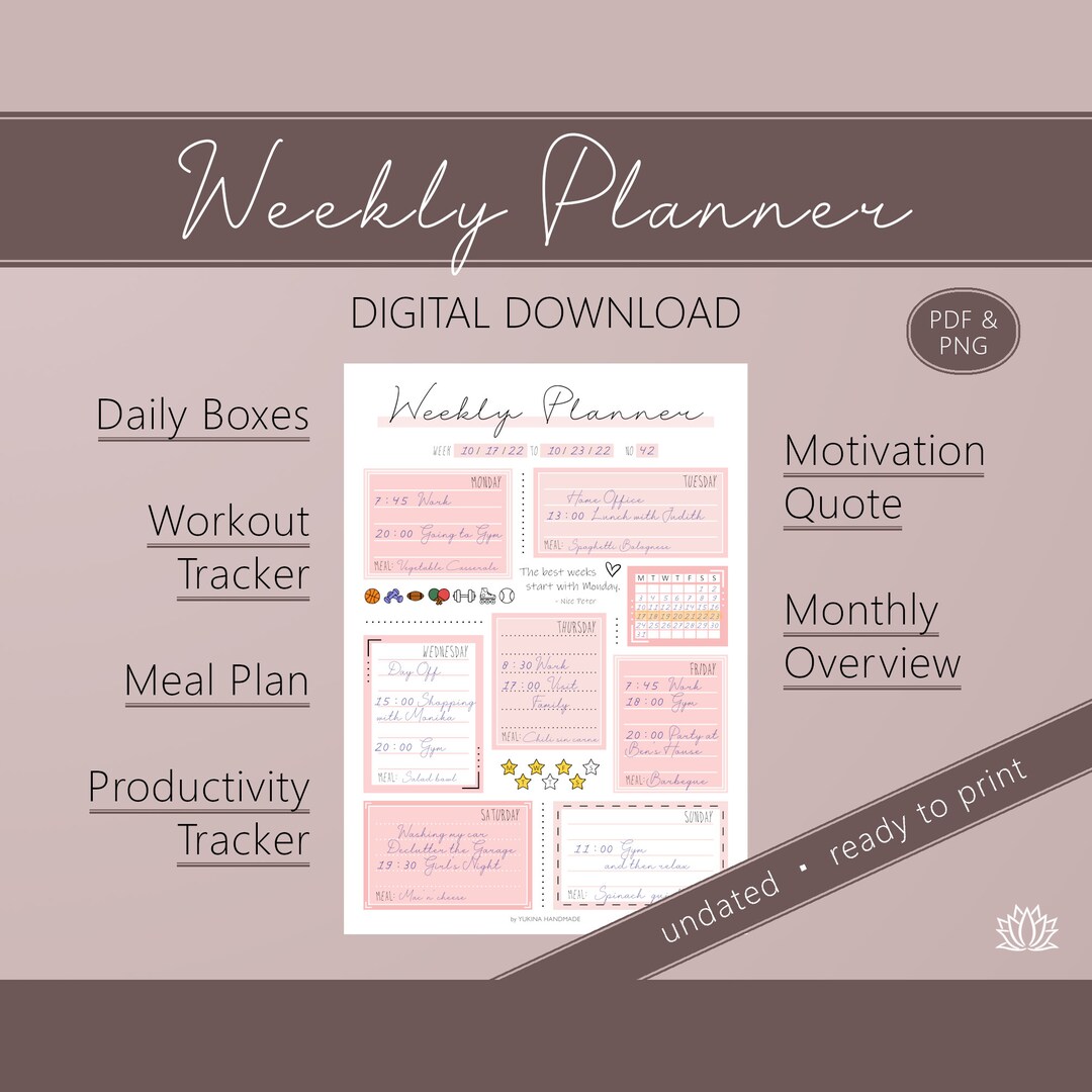 Weekly Planner Printable, Schedule Workout Tracker Meal Plan Notes ...