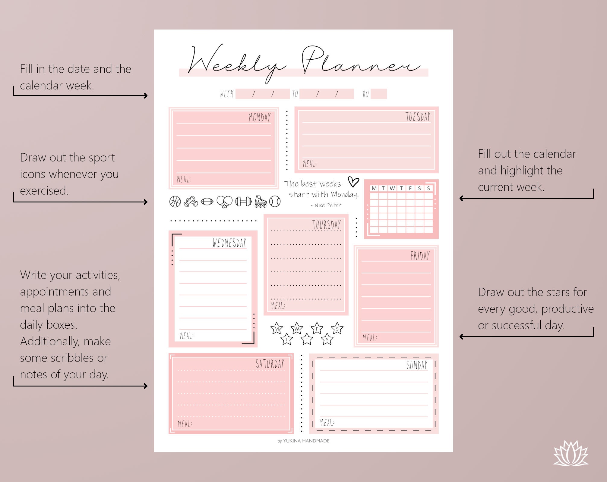 Weekly Planner Printable, Schedule Workout Tracker Meal Plan Notes ...