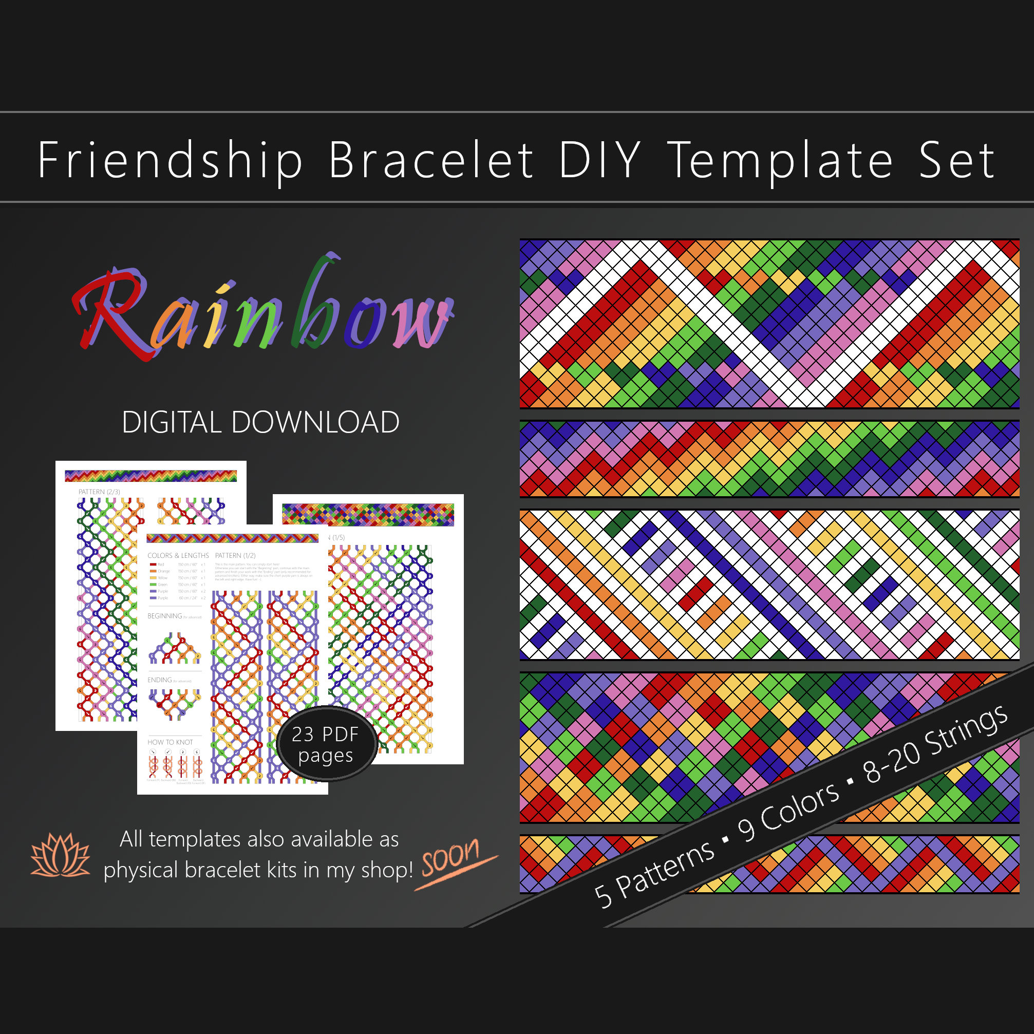 Friendship Bracelet DIY Template Set "rainbow", Tutorial for 5 Patterns ...