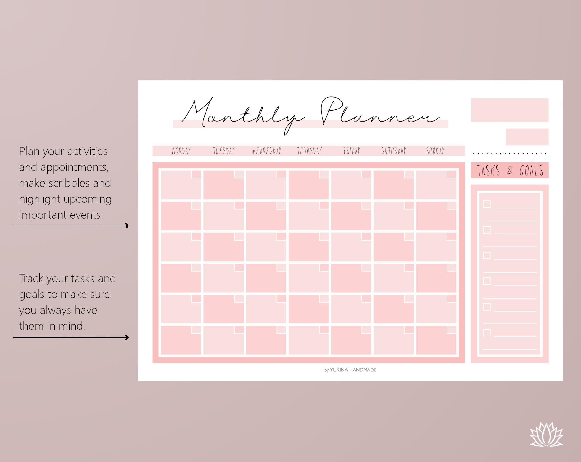 Monthly Planner Printable, Tasks Goals Activities Events Appointments ...