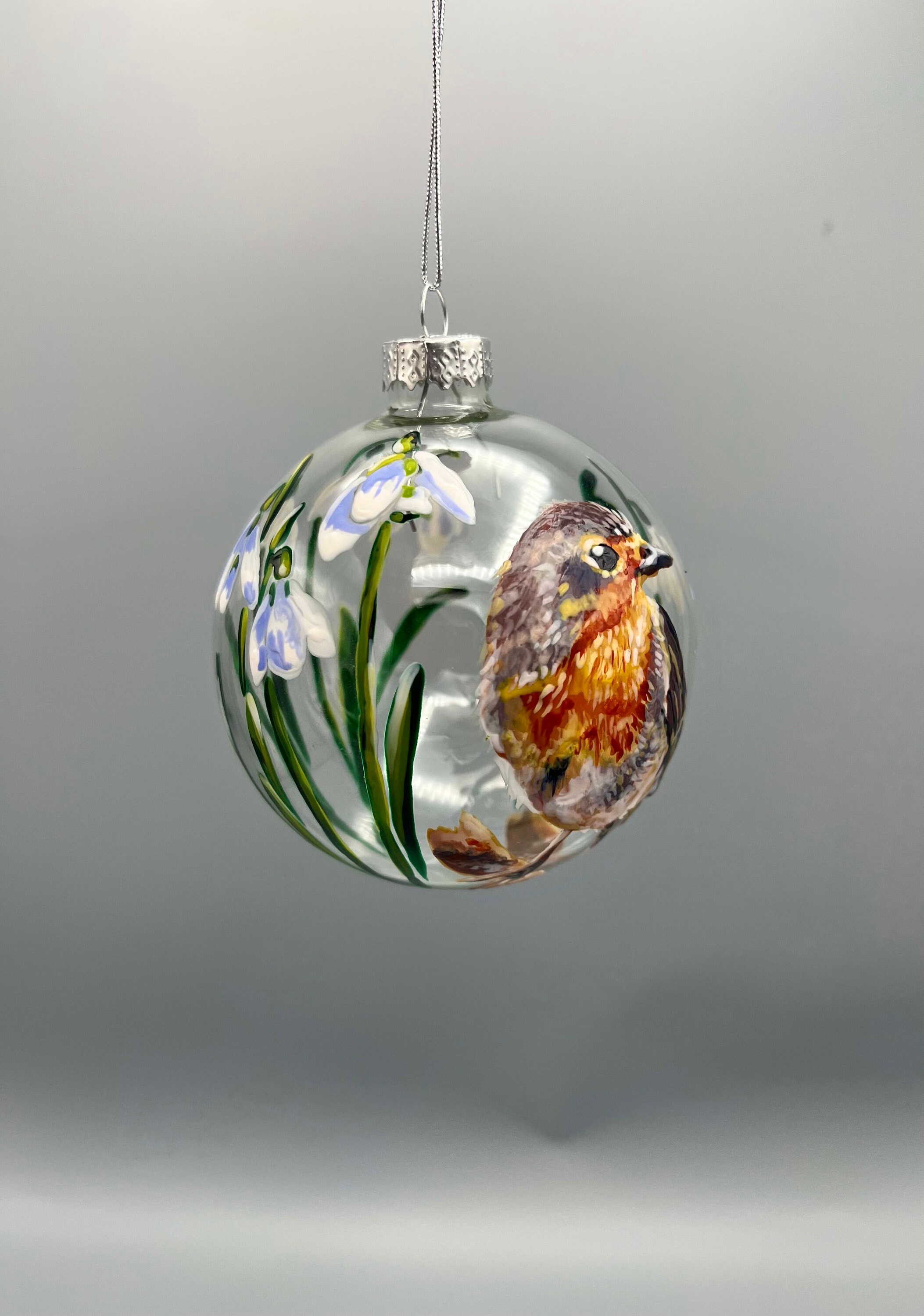 Hand Painted Glass Bauble/ Robin and Snowdrops Design. - Etsy UK