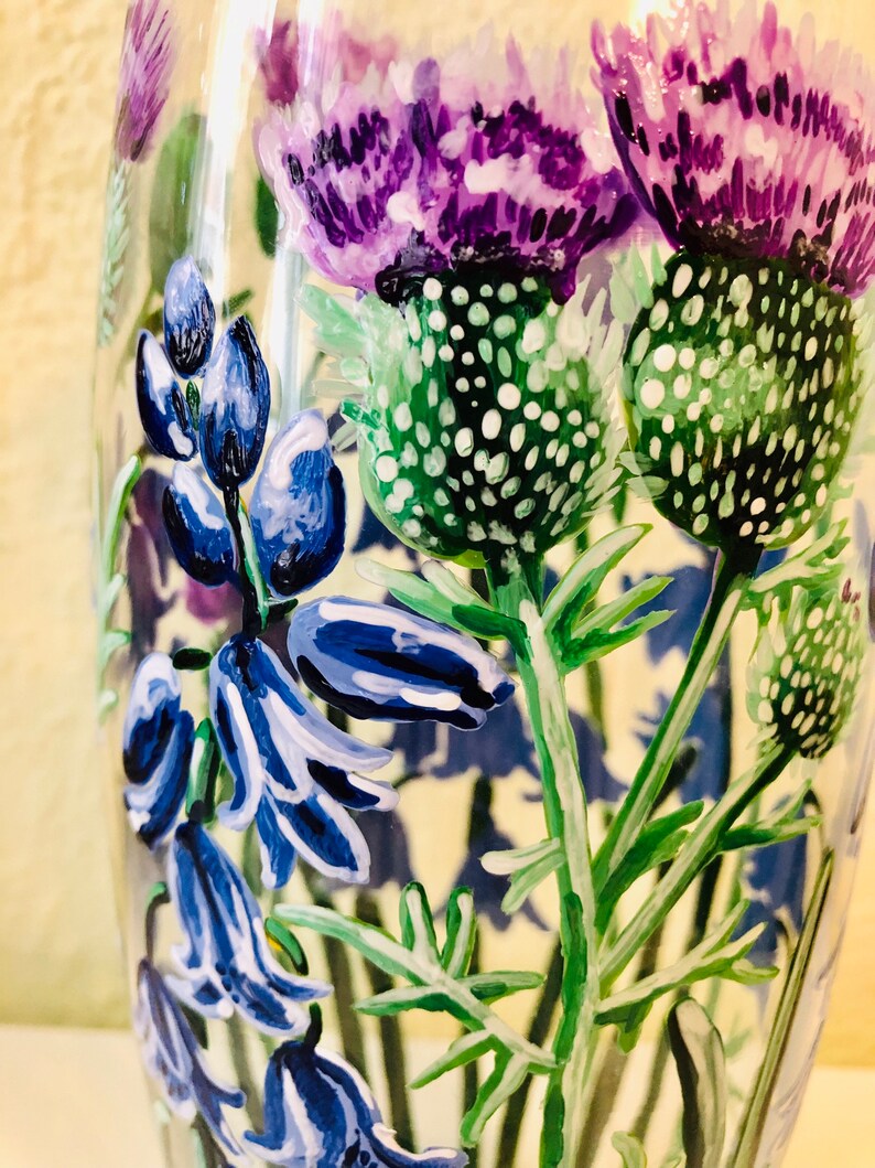 Hand Painted Vase/ Floral Thistle and Bluebell/ Bullet Design | Etsy UK