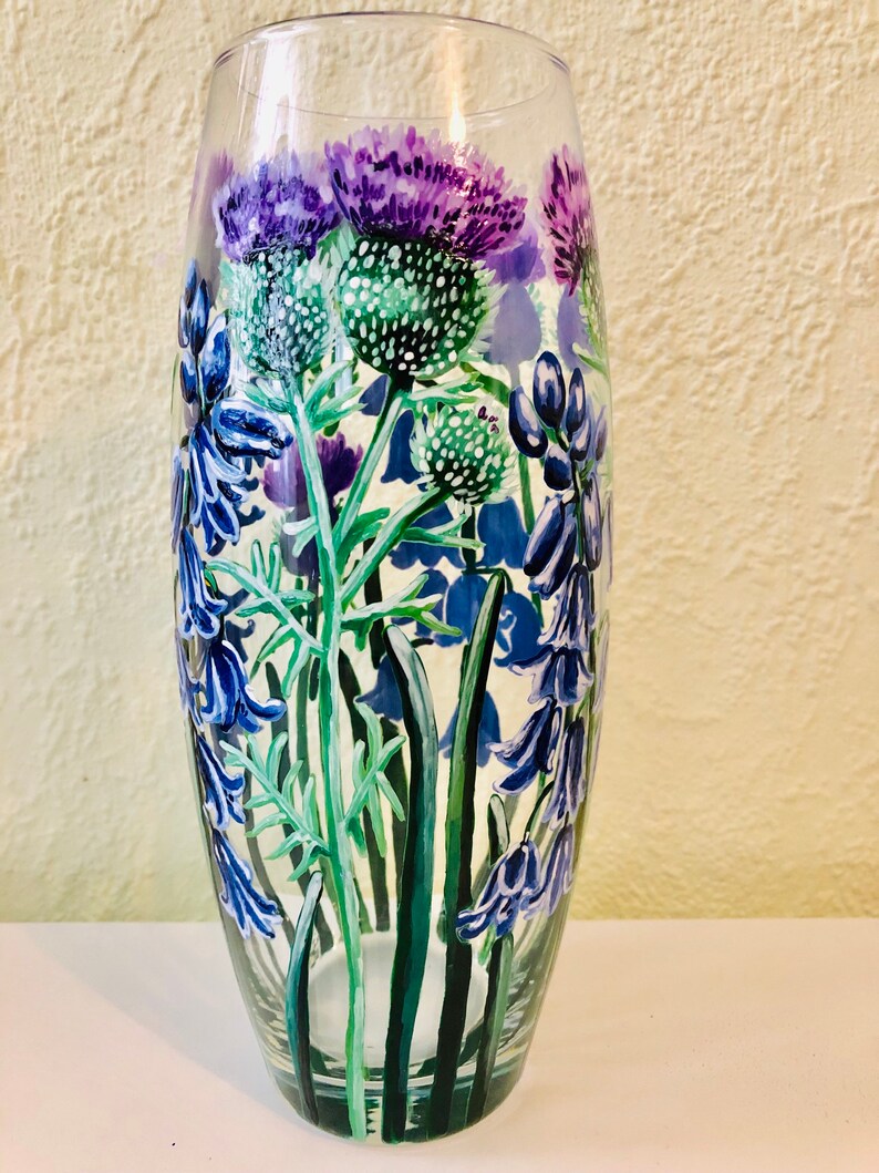 Hand Painted Vase/ Floral Thistle and Bluebell/ Bullet Design | Etsy UK