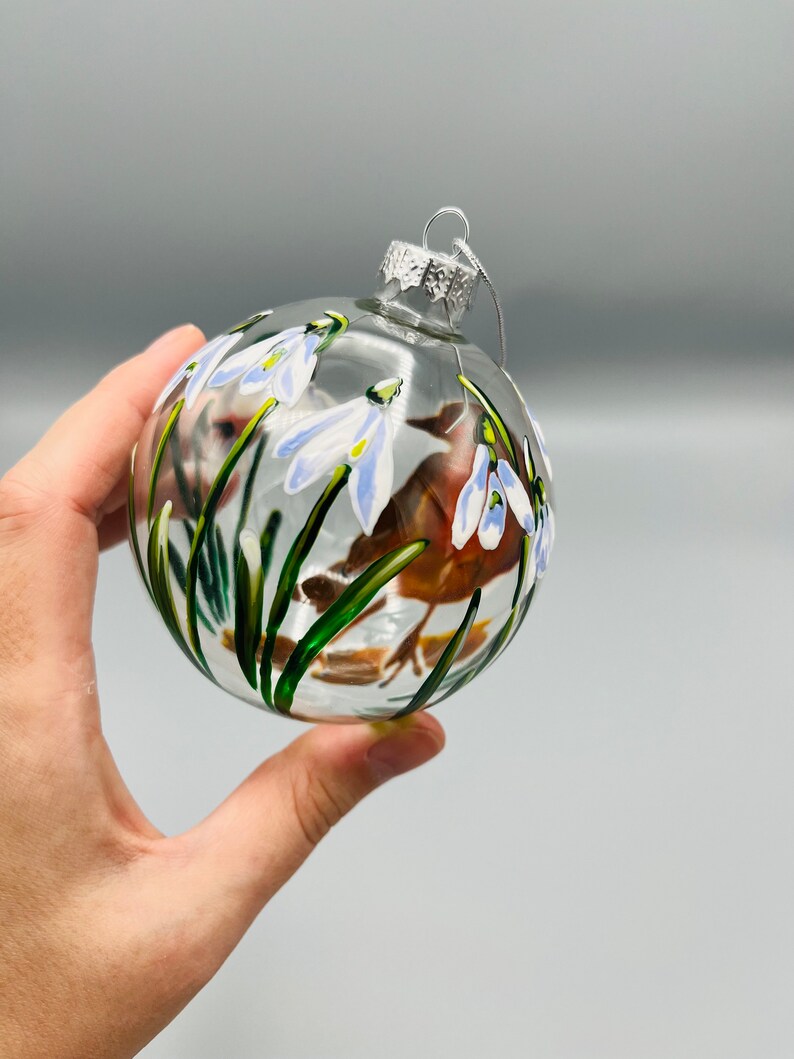 Hand Painted Glass Bauble/ Robin and Snowdrops Design. - Etsy UK