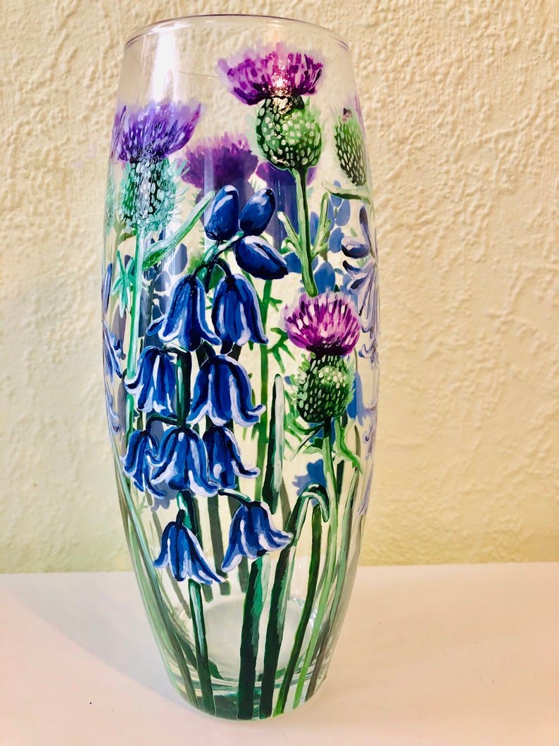 Hand Painted Vase/ Floral Thistle and Bluebell/ Bullet Design | Etsy UK