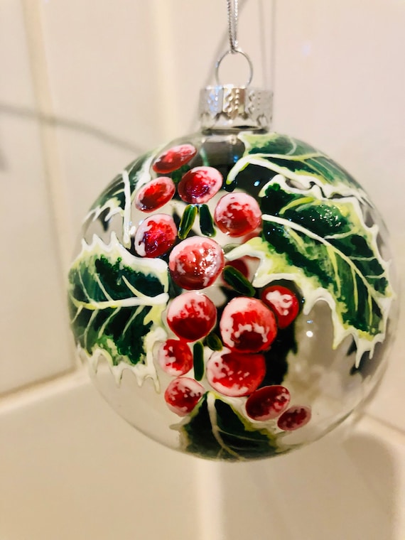Hand Painted Glass Bauble/ Christmas Holly and Berries - Etsy