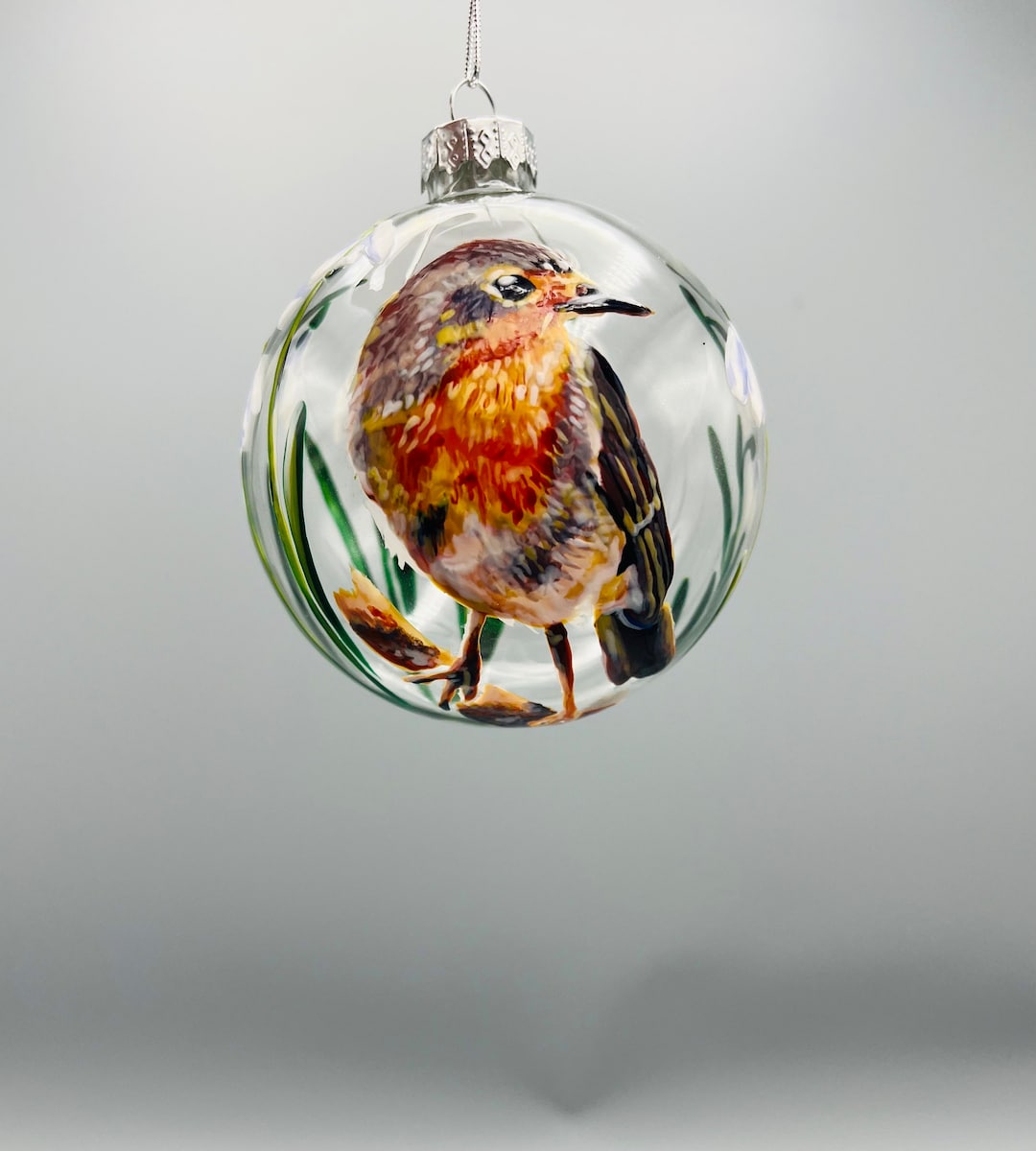 Hand Painted Glass Bauble/ Robin and Snowdrops Design. - Etsy
